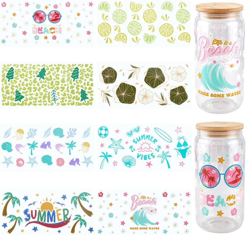 DIY 8Pcs 8 Styles UV DTF Cup Wrap Summer Glass Cups Wraps Bulk ...