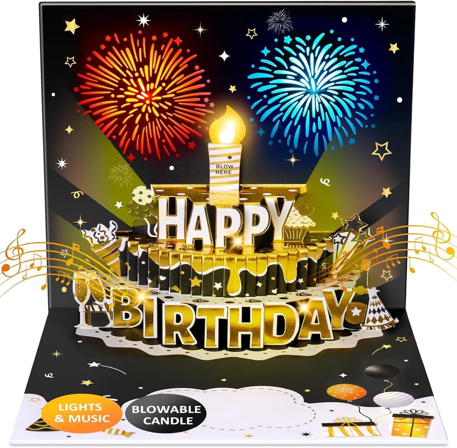 DIY Age Birthday Cards Fireworks Pop Up Cake Light and Music Black and ...