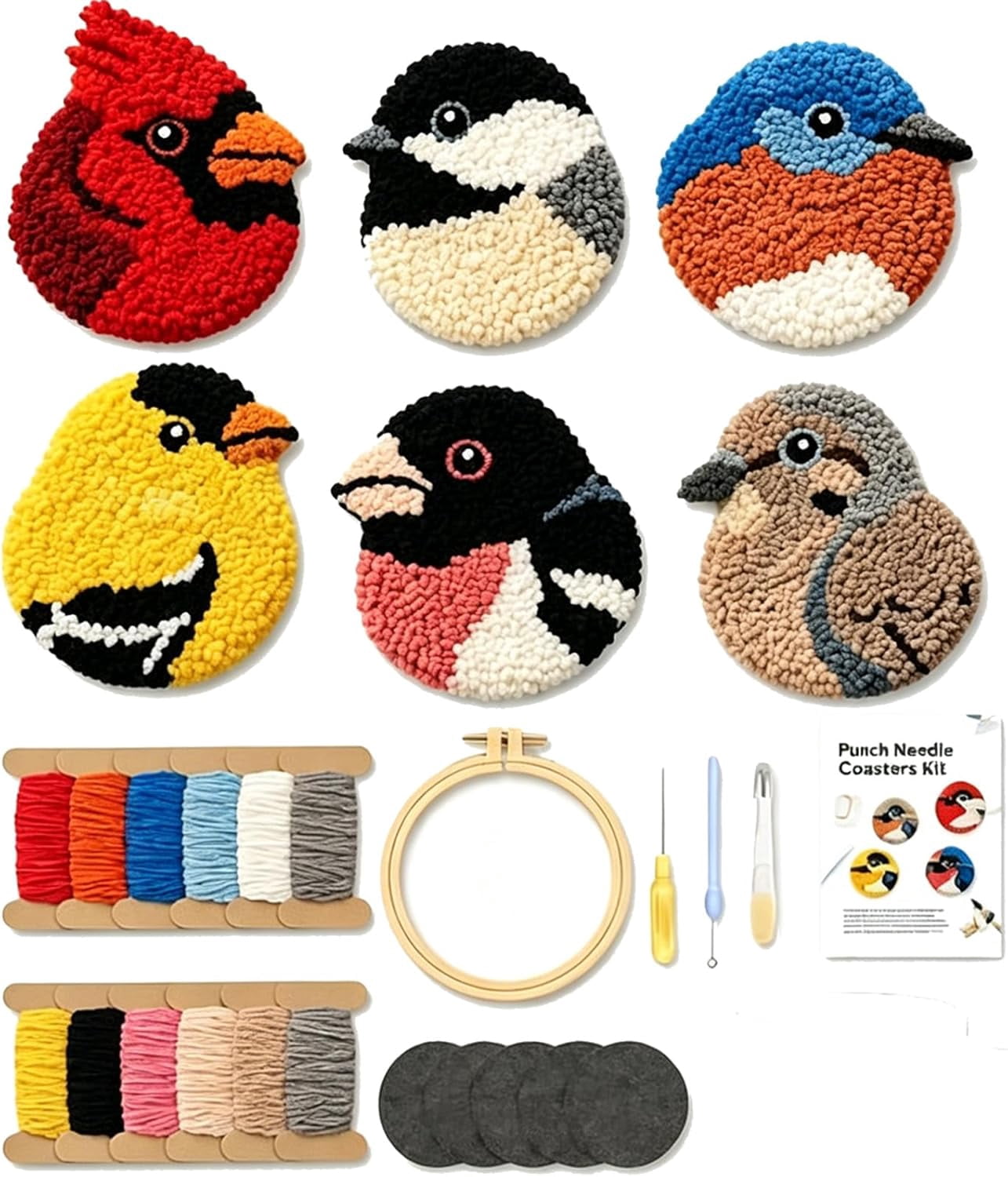 DIY Bird Coasters Punch Needle Kit, 6 Pcs Northern Bird Series ...
