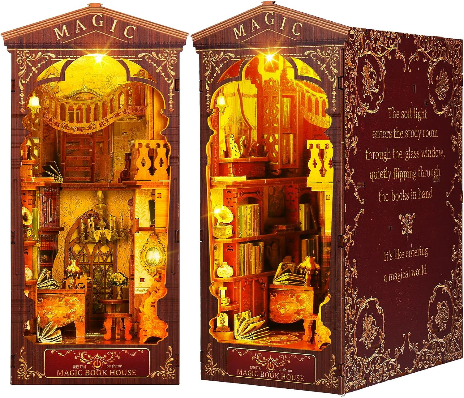 DIY Book Nook Decorative Kit, 3D Wooden Puzzle Bookends, Dollhouse Shelf Insert with LED Light ...