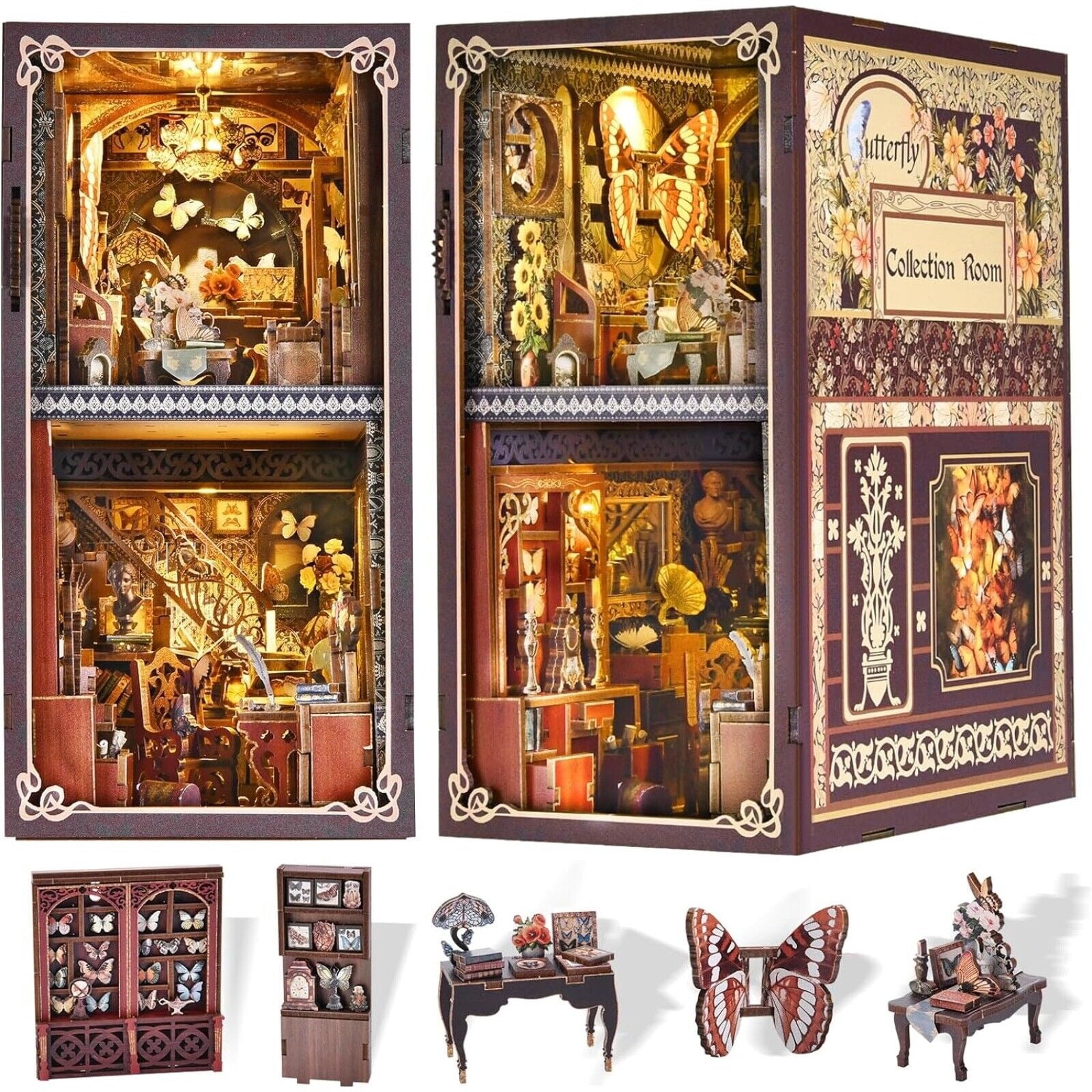DIY Book Nook Kit with LED Light 3D Wooden Puzzle Butterfly Collection ...