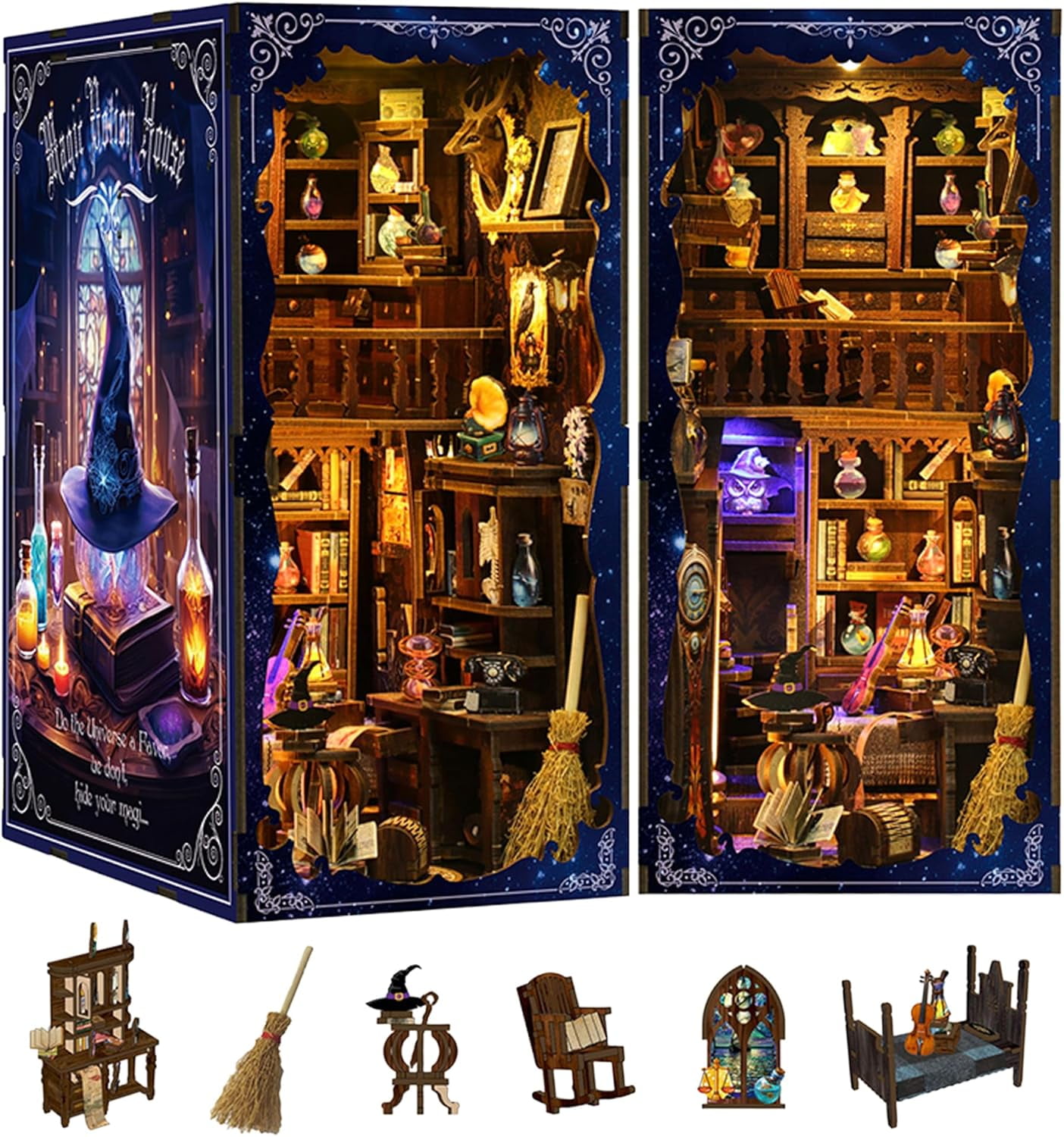 DIY Book Nook Kits, Wooden Miniature Bookshelf Scenes with LED Lights ...