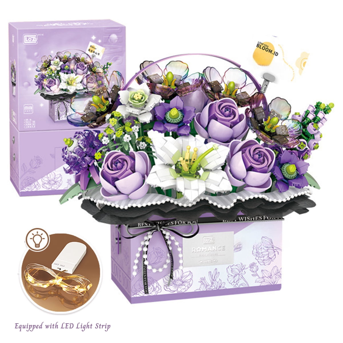 DIY Bouquet Building Set Block Rose Flowers with Handheld Box & Light ...