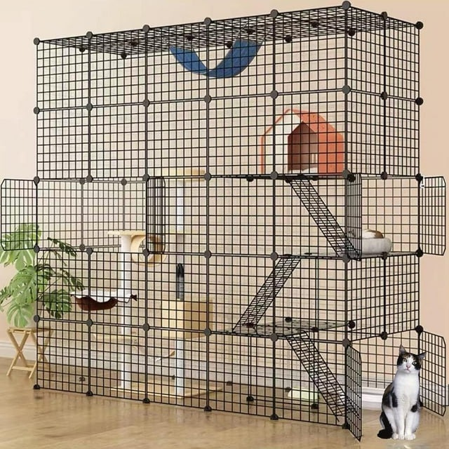 DIY Cat Cage Detachable Metal Wire Enclosure with Two Ladders, Kennels Playpen, Crate Large ...