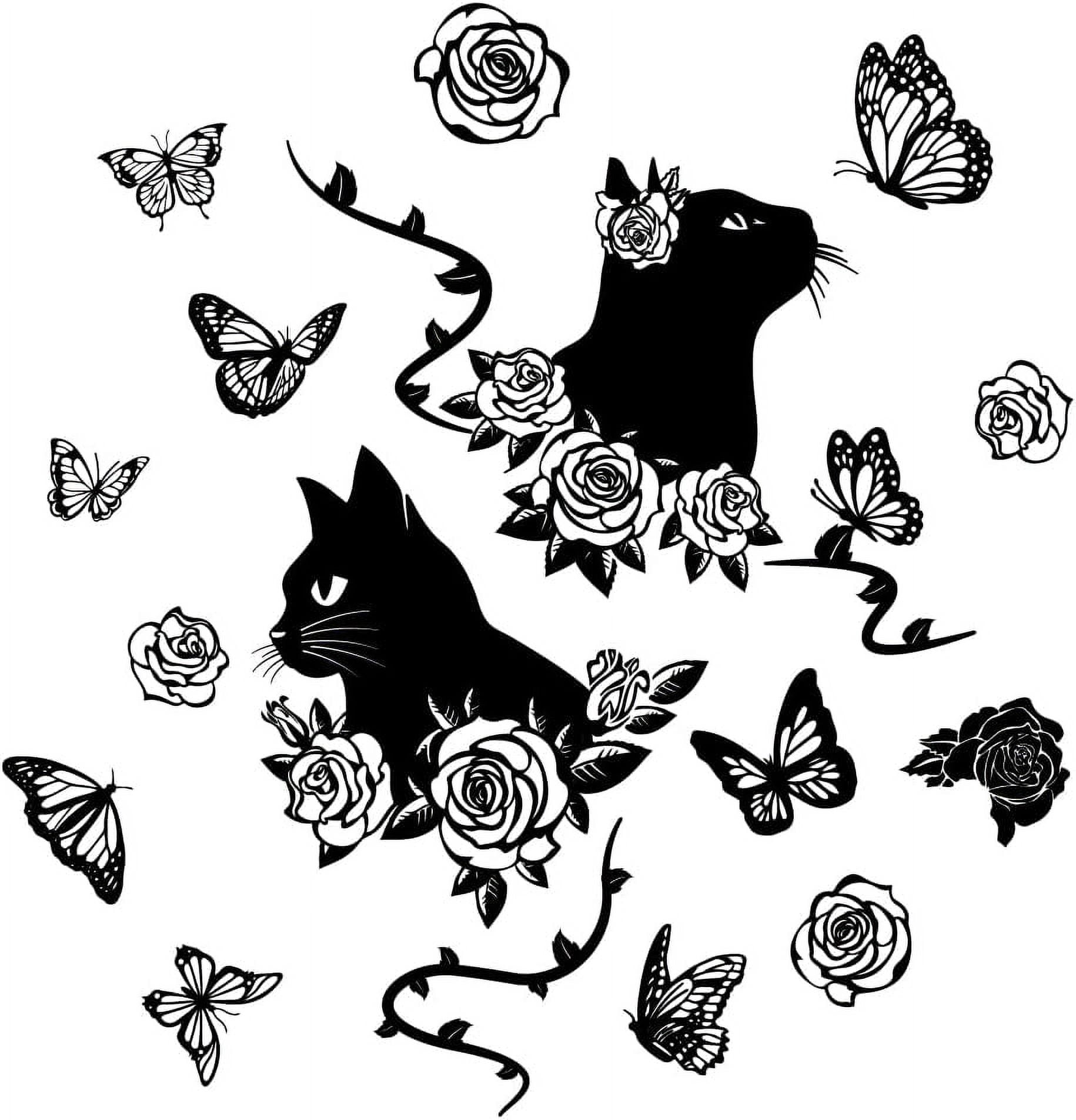 DIY Cat Wall Decals Butterfly Rose Wall Sticker Cat with Rose Wall ...