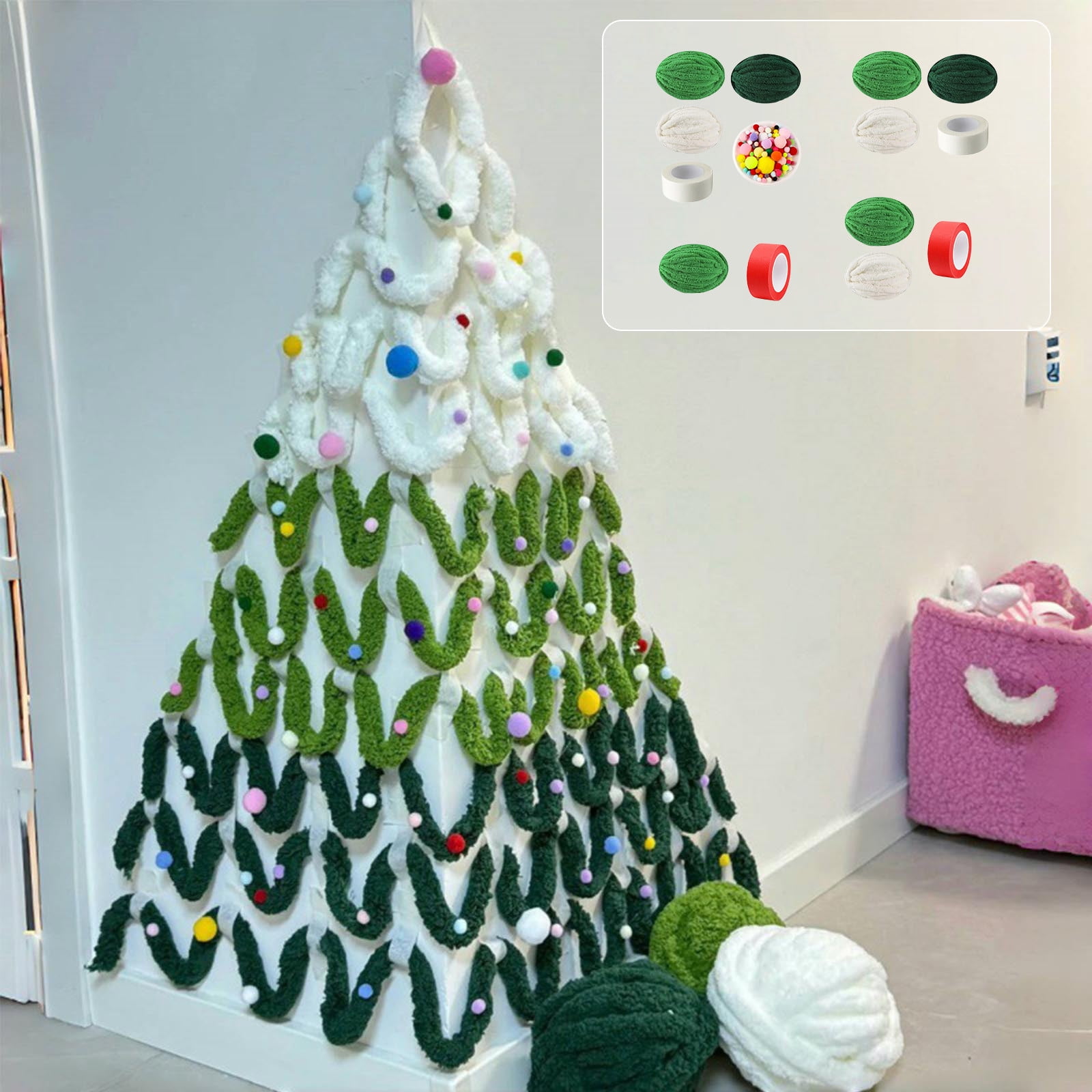 DIY Corner Christmas Tree Kit - Festive Holiday Decor with Cat’s Tail & Extra Thick Yarn ...