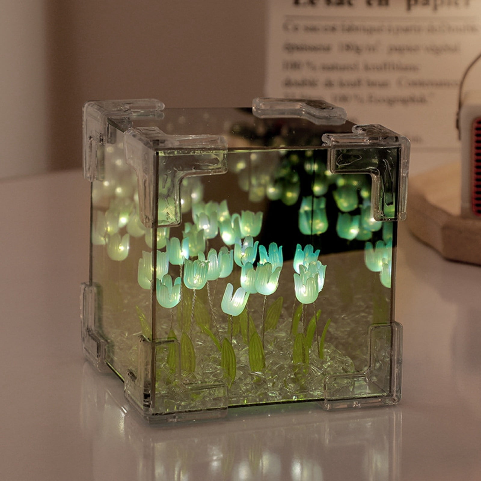 DIY Cube Mirror Lamp - Tulip Night Light with Handmade Tulip Flower LED ...
