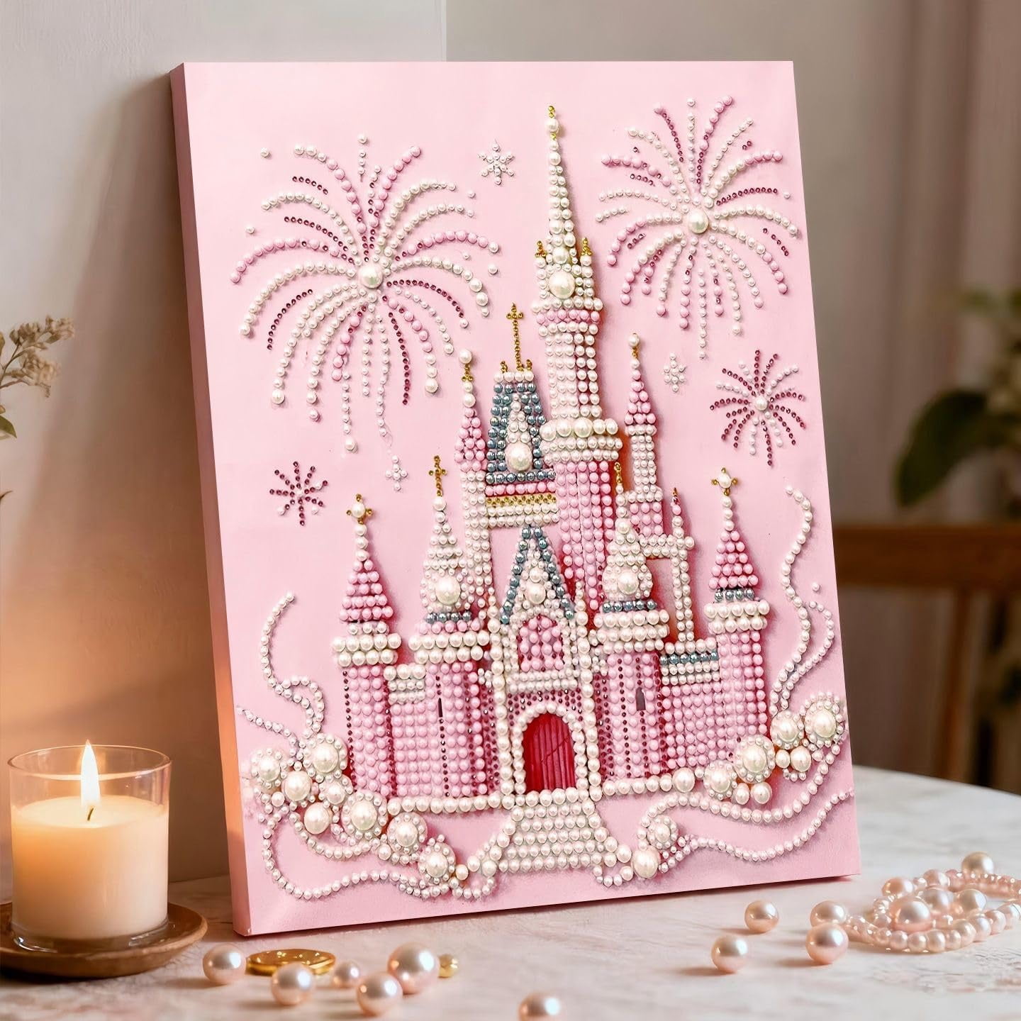 DIY Diamond Pearl Painting Kit, Pink Castle with Fireworks Theme ...