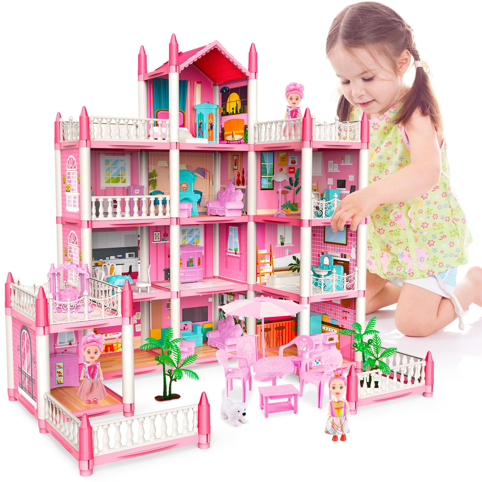 DIY Doll House for Girls with 4 Doll Toy Figures, 11 Rooms Furniture ...