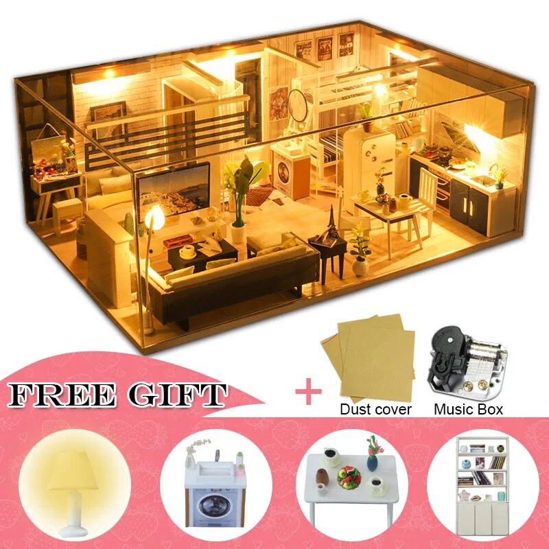 DIY Dollhouse Wooden doll Houses Miniature Doll House Furniture Kit ...