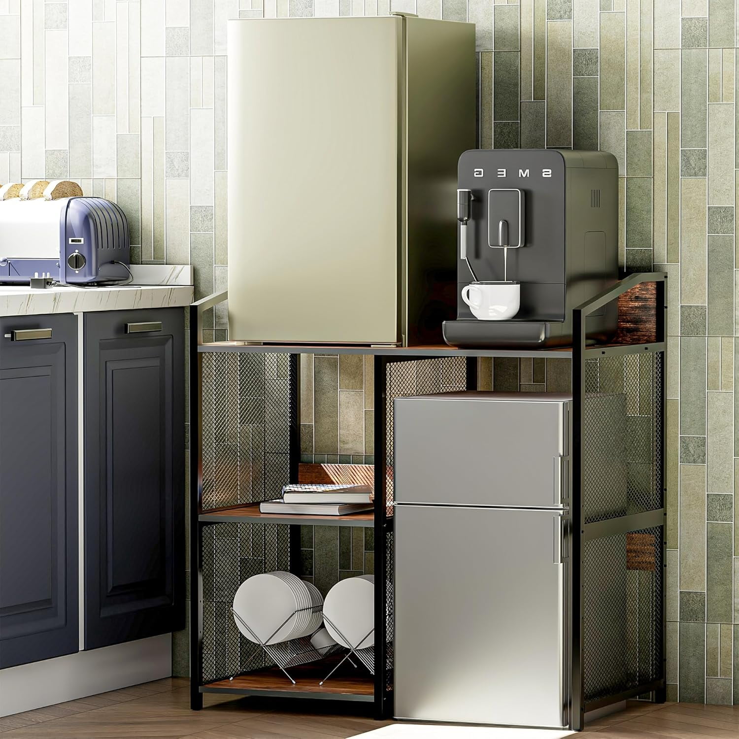 DIY Drilling Mini Fridge Cabinet,Bakers Rack Fridge Stand with Storage ...