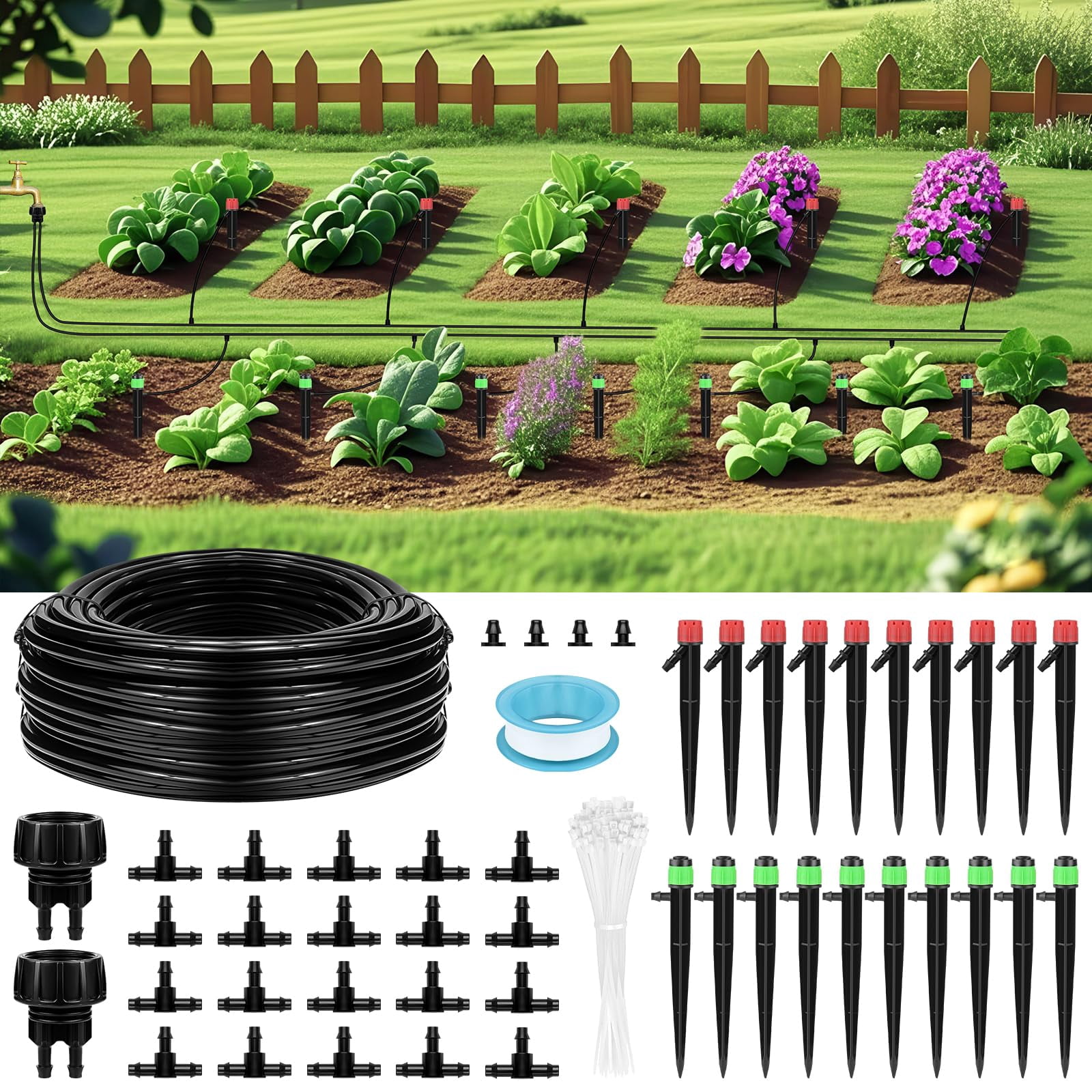 1/4 Drip Irrigation Tubing Drip Irrigation System Kit, 95FT, Lawn Patio ...