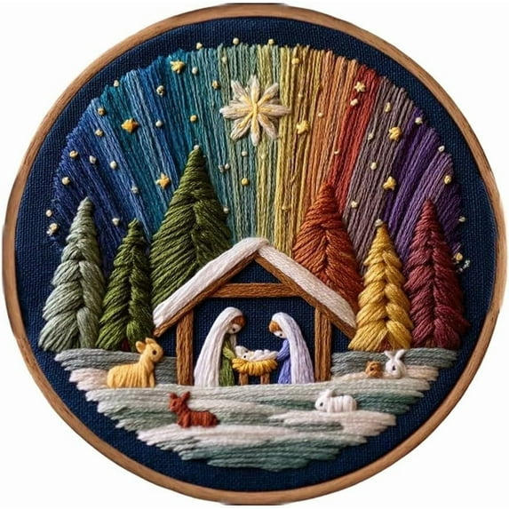 DIY Embroidery Kit, Nativity Scene Needlework Set with Printed Fabric and Threads, Christmas ...
