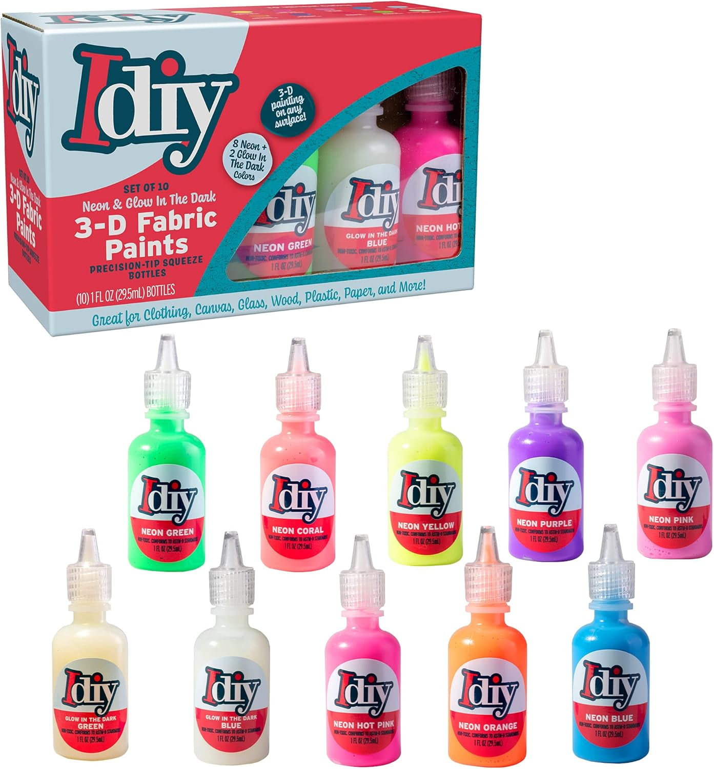 DIY Non-Toxic Fabric Paints Set of 10 Colors (8 Neon & 2 Glow in the ...