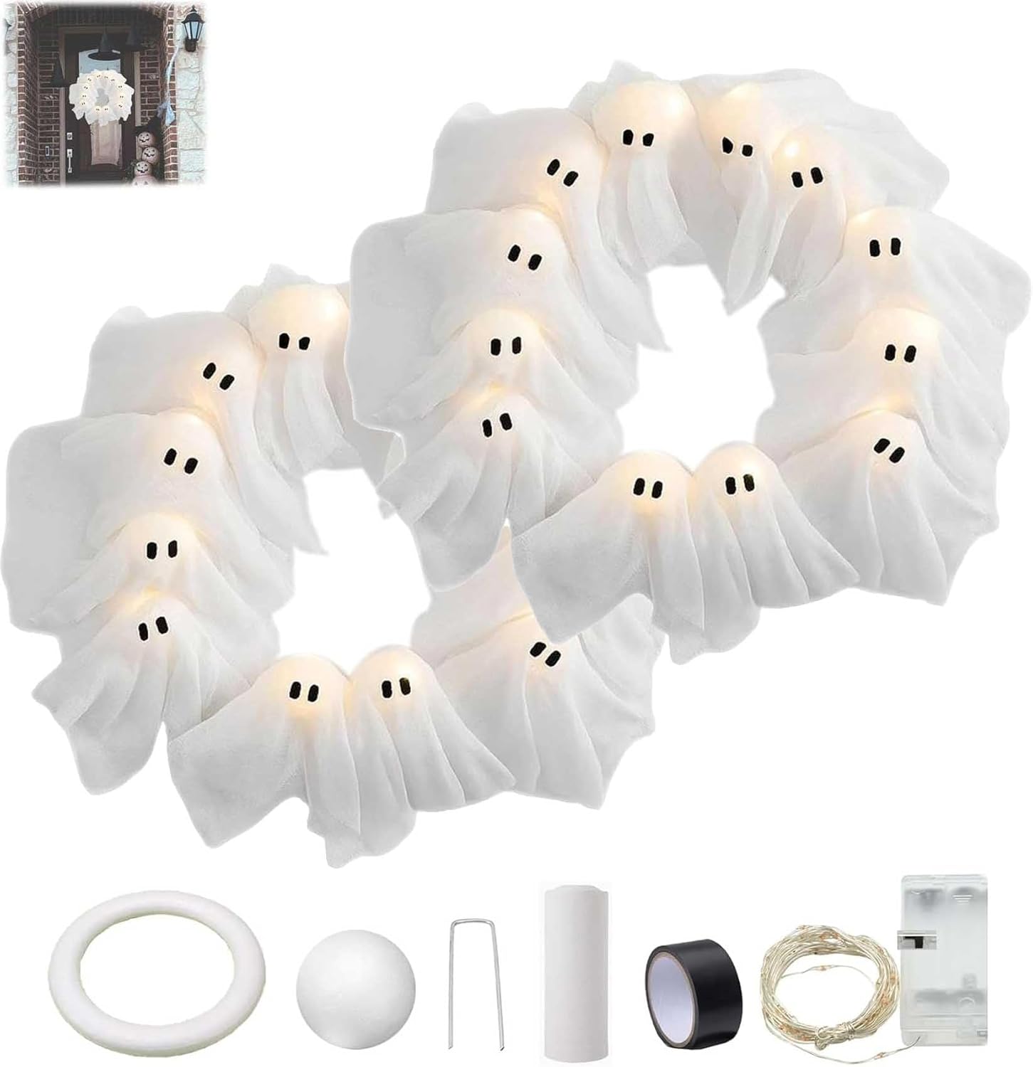 DIY Ghost Wreath, Halloween DIY Lit Ghosts Door Wreath, LED Light The ...