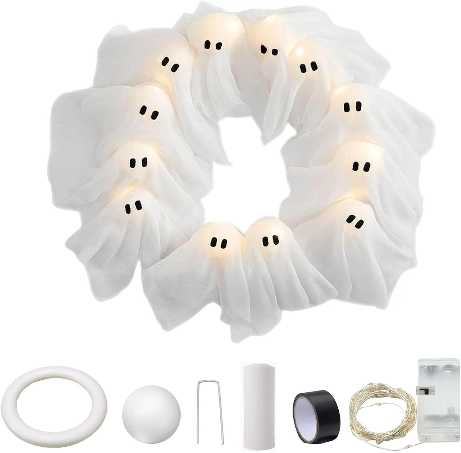 DIY Ghost Wreath, Lit Ghosts Wreath, Halloween Ghost 12 Little Light-Up ...