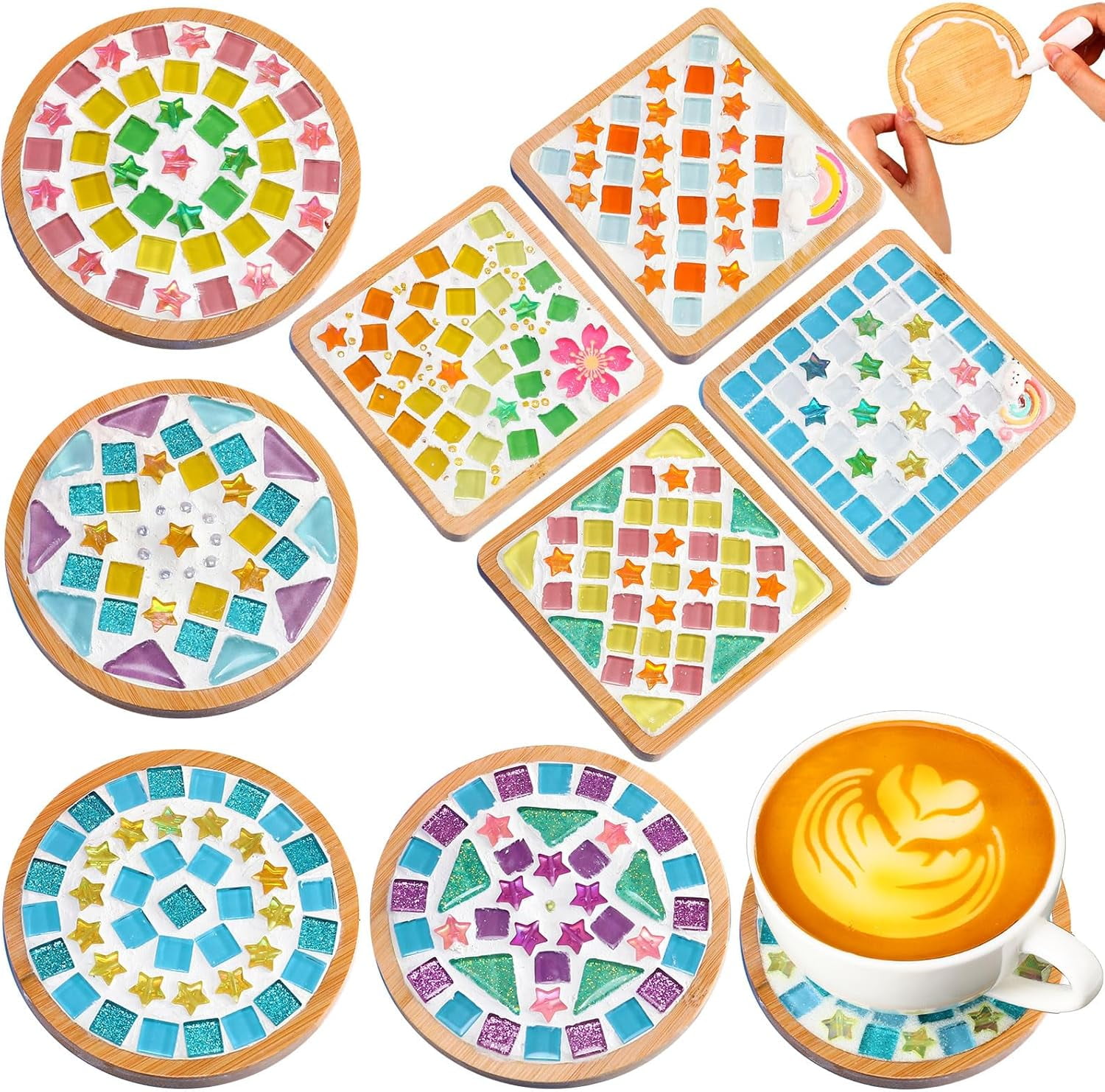 DIY Glass Mosaic Tiles for Crafts, Mixed Color Mosaic Kits with Wooden ...