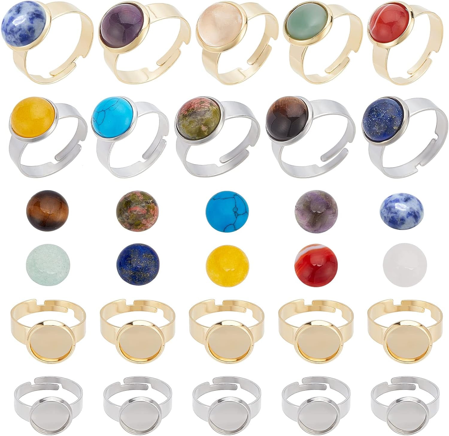 DIY Half Round Gemstone Adjustable Ring Making Kit Including 304 ...