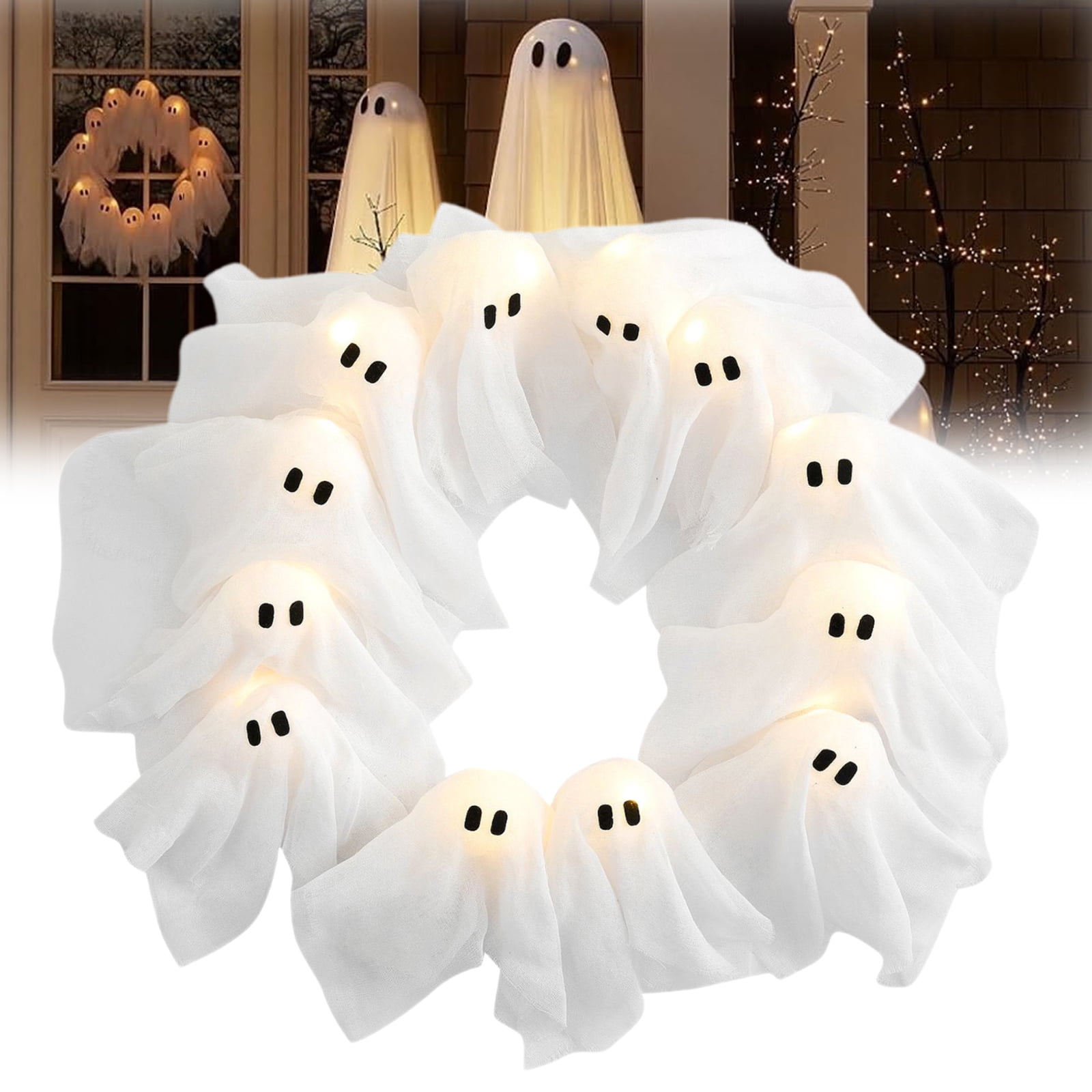 DIY Halloween Ghost Wreath 12 LED Lit White Ghost Garland for Spooky ...