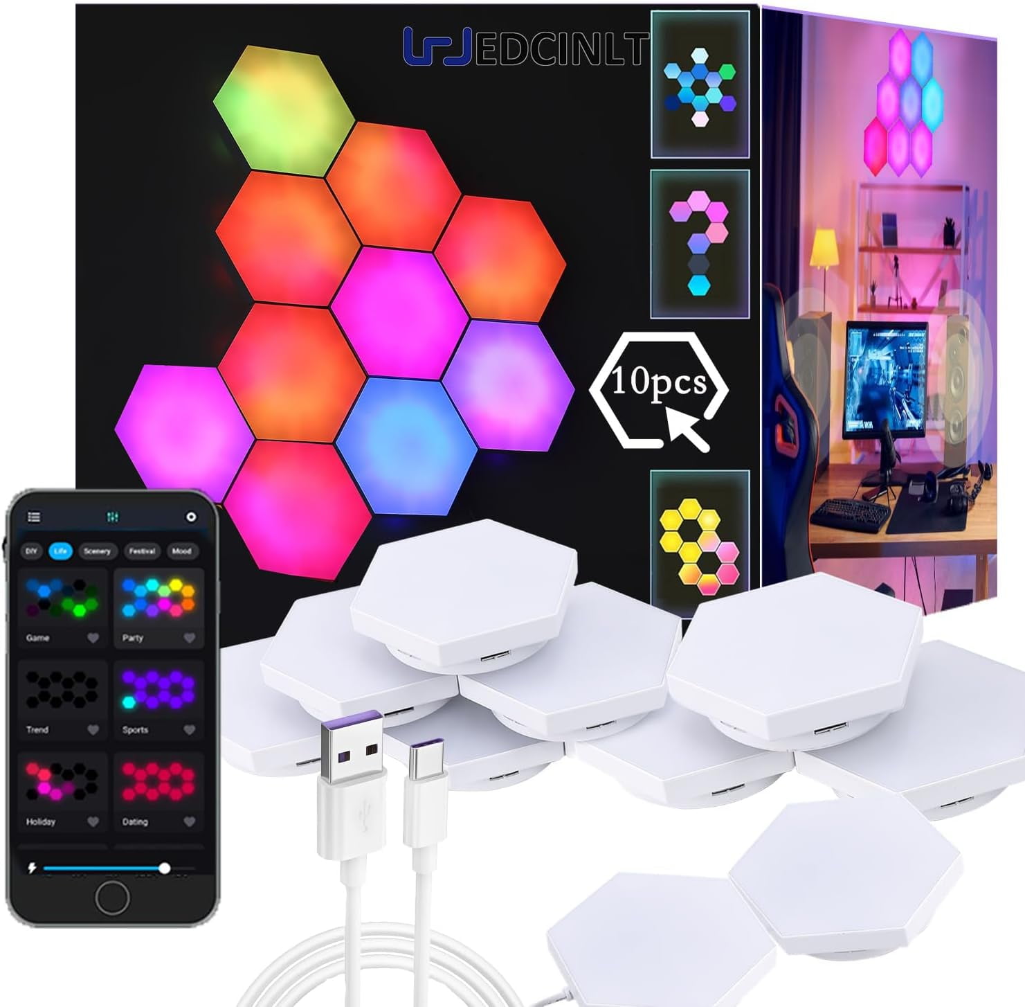 DIY Hexagon Led Light Smart RGB Wall Panels with App & Remote Control ...