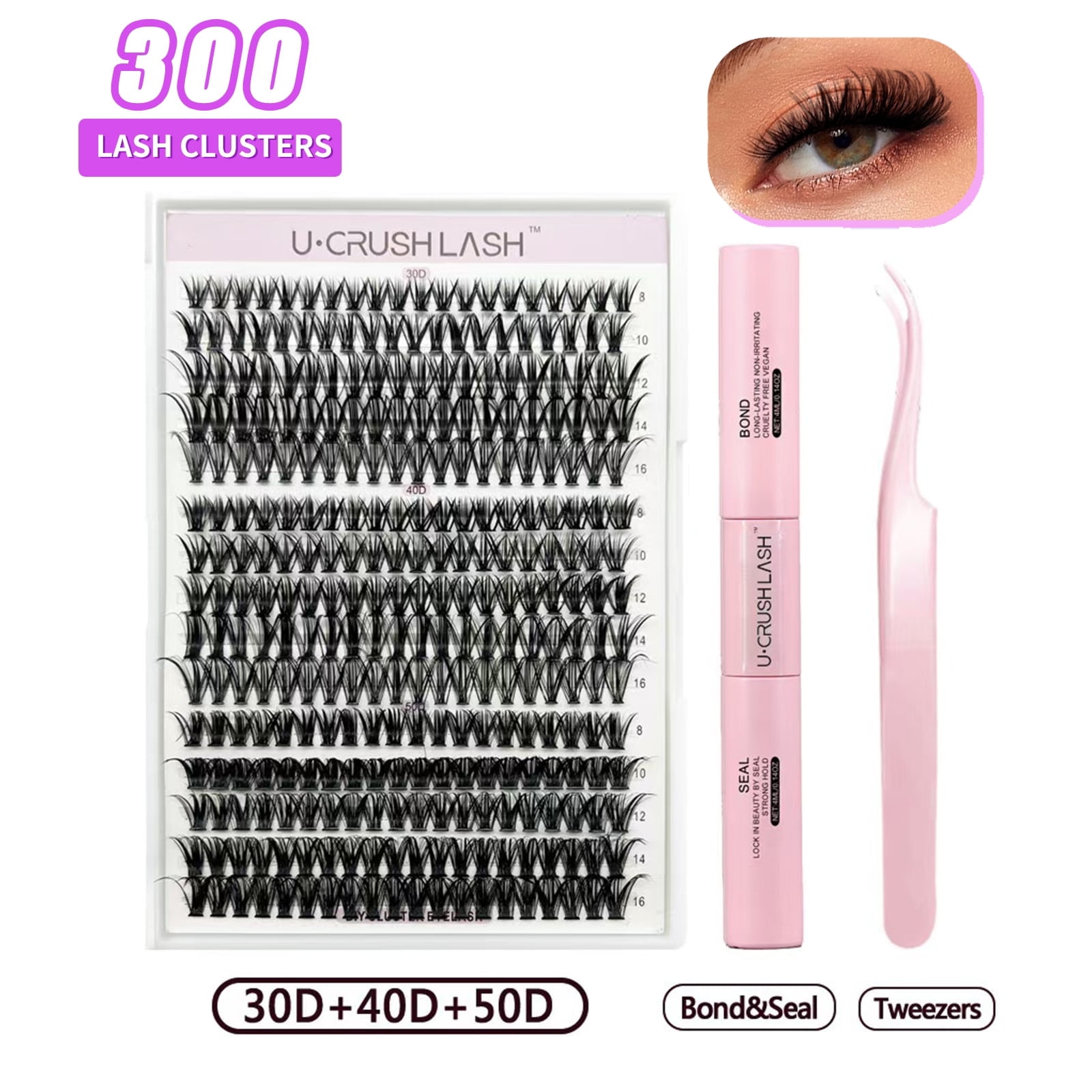 DIY Lash Extension Kit 300pcs 50D+40D+30D, 8-16mm Mix Lash Clusters with Lash Bond and Seal and ...