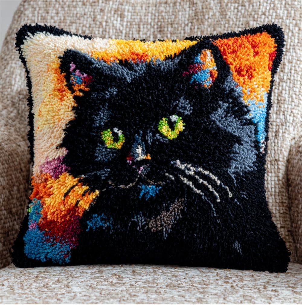 DIY Latch Hook Kit Black Cat 3D Pillow Materials Package Embroidery ...