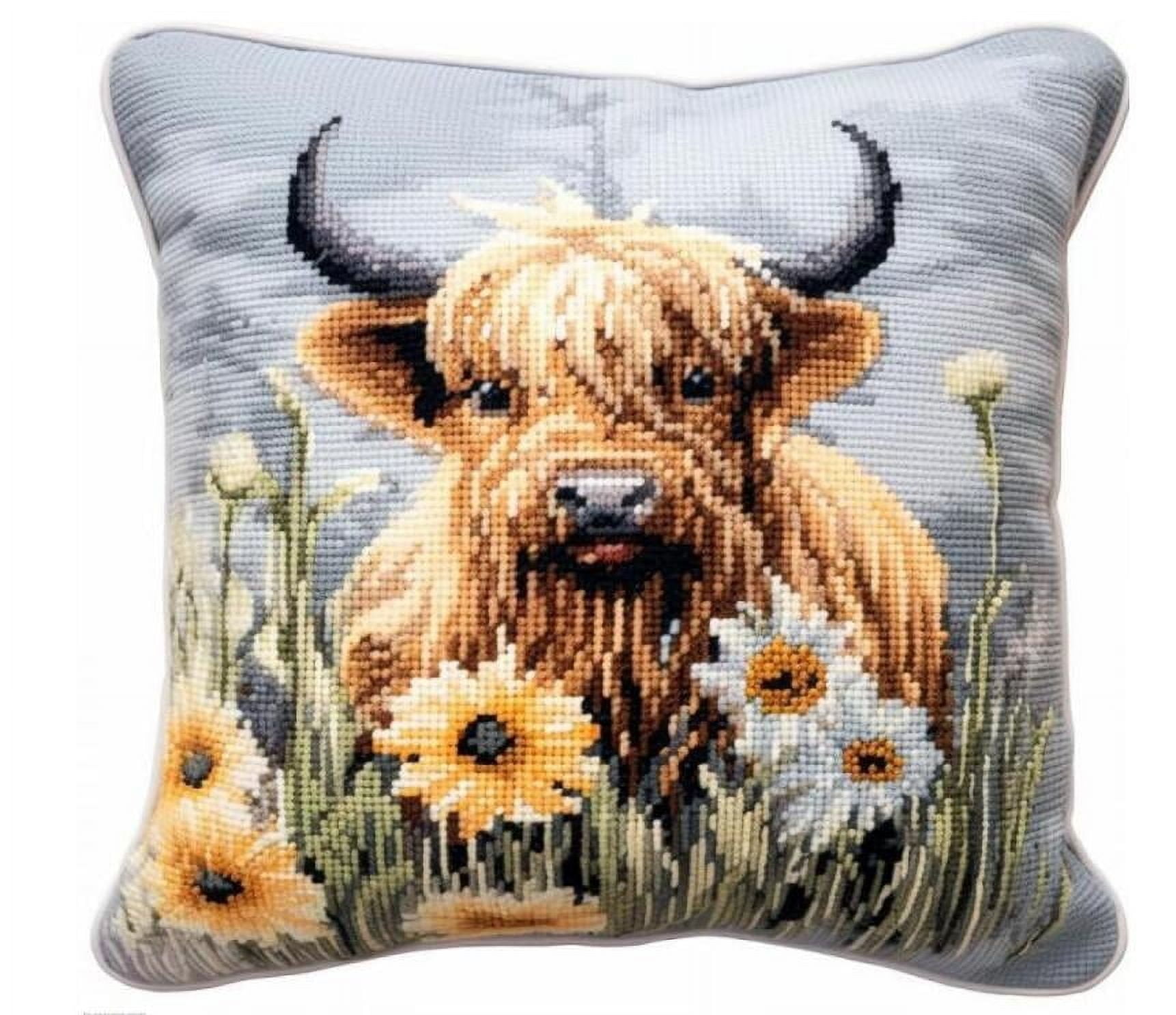 DIY Latch Hook Kit Cushion Highland Cattle and Flowers Latch Hook Kits ...