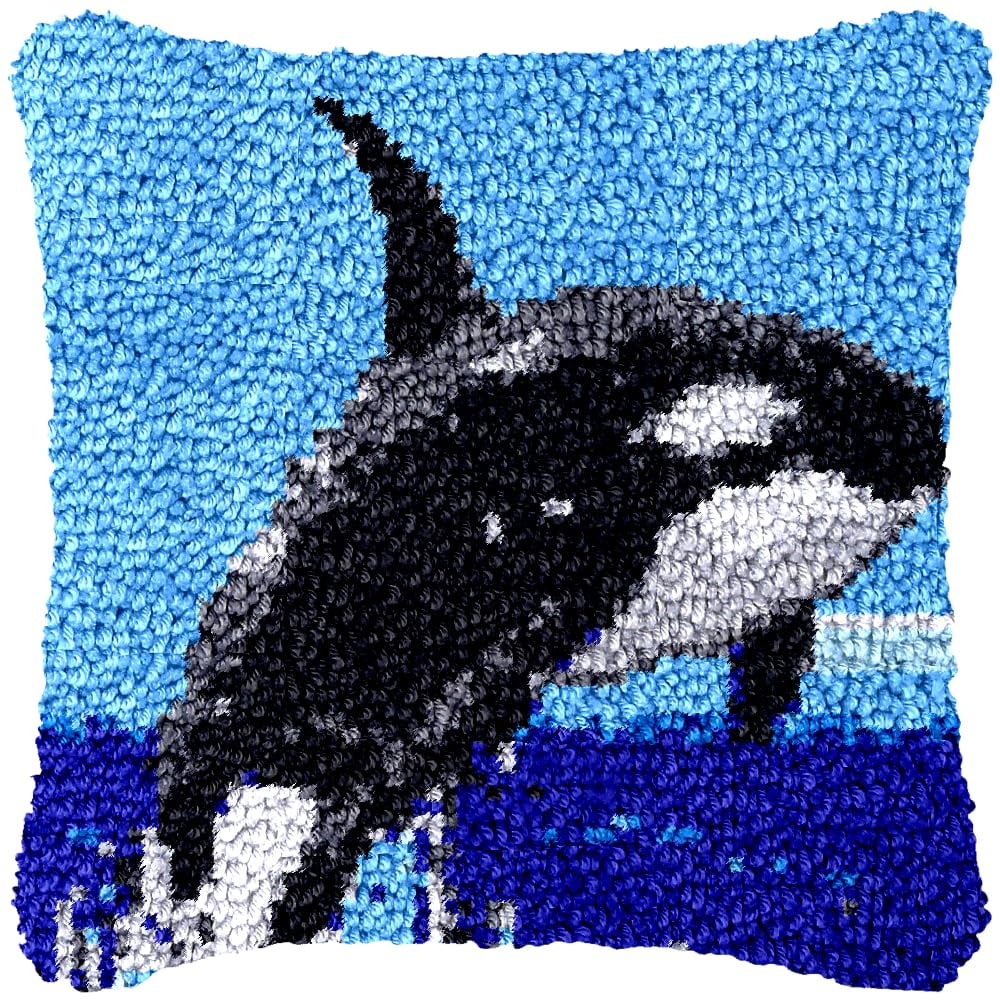 DIY Latch Hook Kits Pillow Orca Killer Whale Jumping Crochet Yarn Pre ...