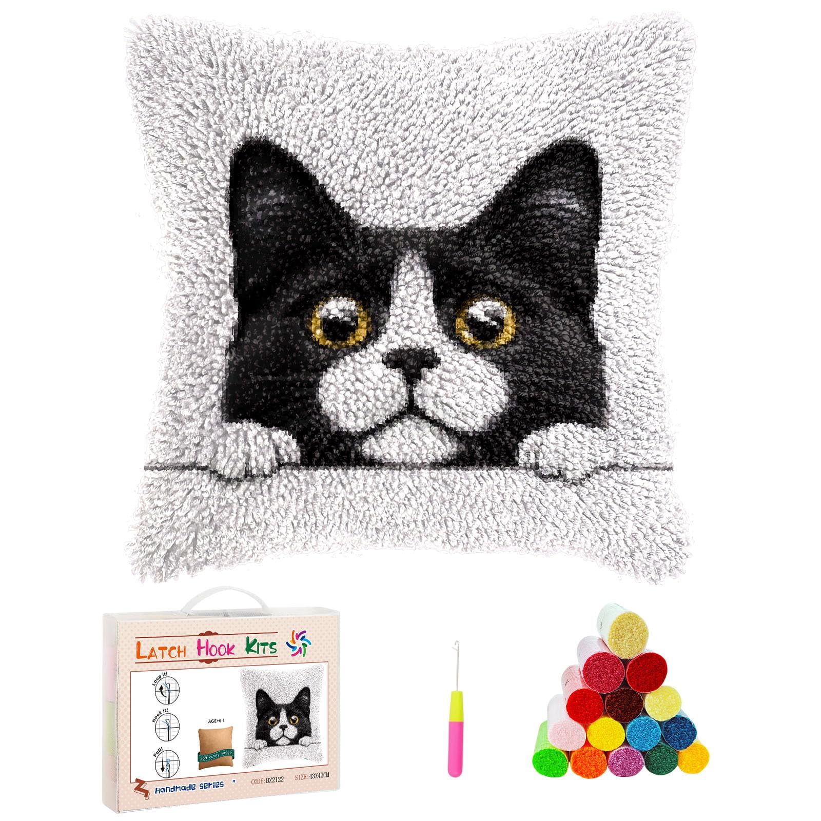 DIY Latch Hook Pillow Cover Kits Black and White Cat Peeking Over Edge ...