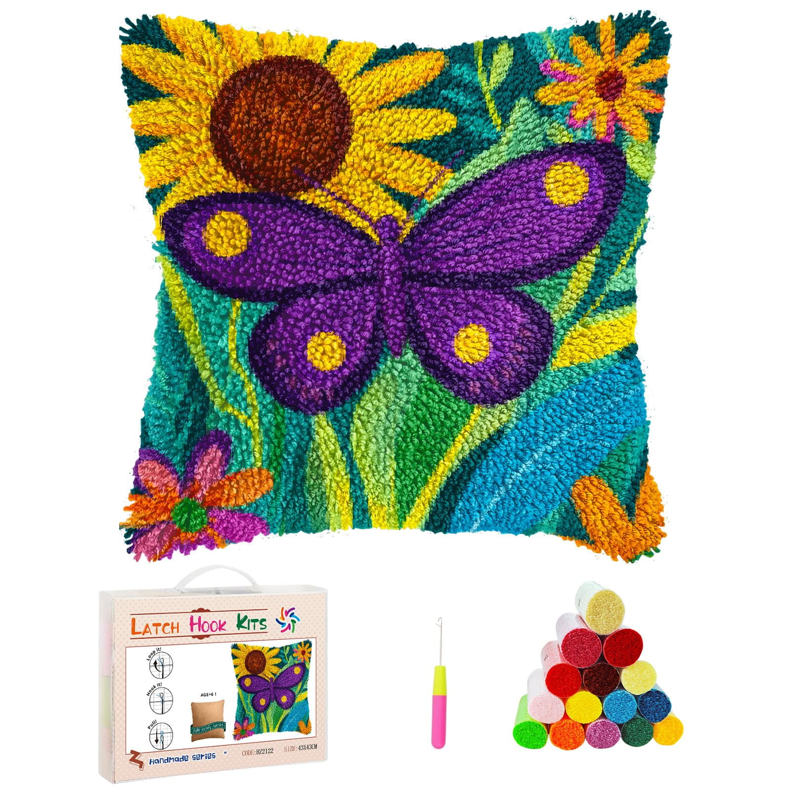DIY Latch Hook Pillow Cover Kits Cartoon Butterfly and Flower Stamped ...