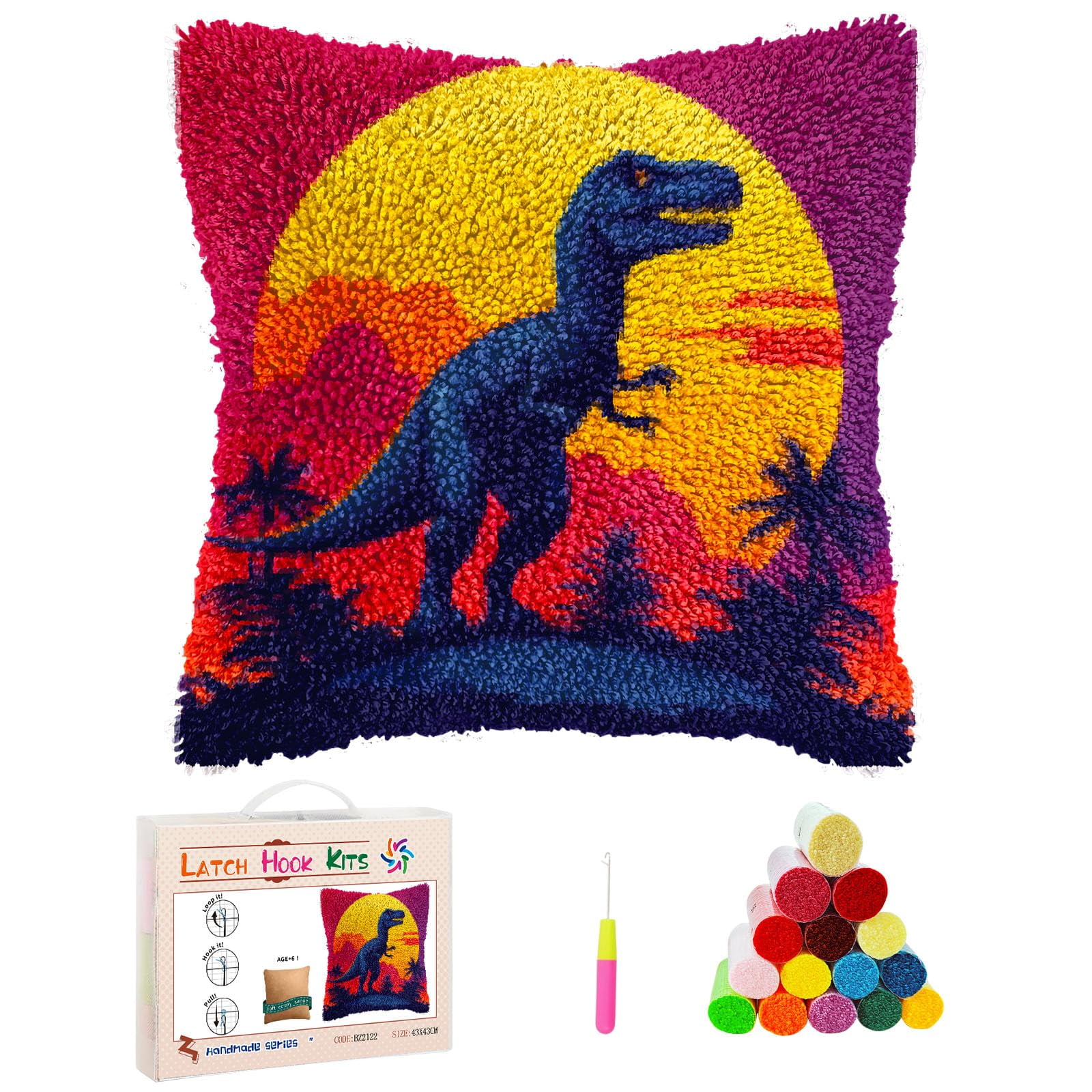 DIY Latch Hook Pillow Cover Kits Cartoon Dinosaur under Sunset Stampled ...