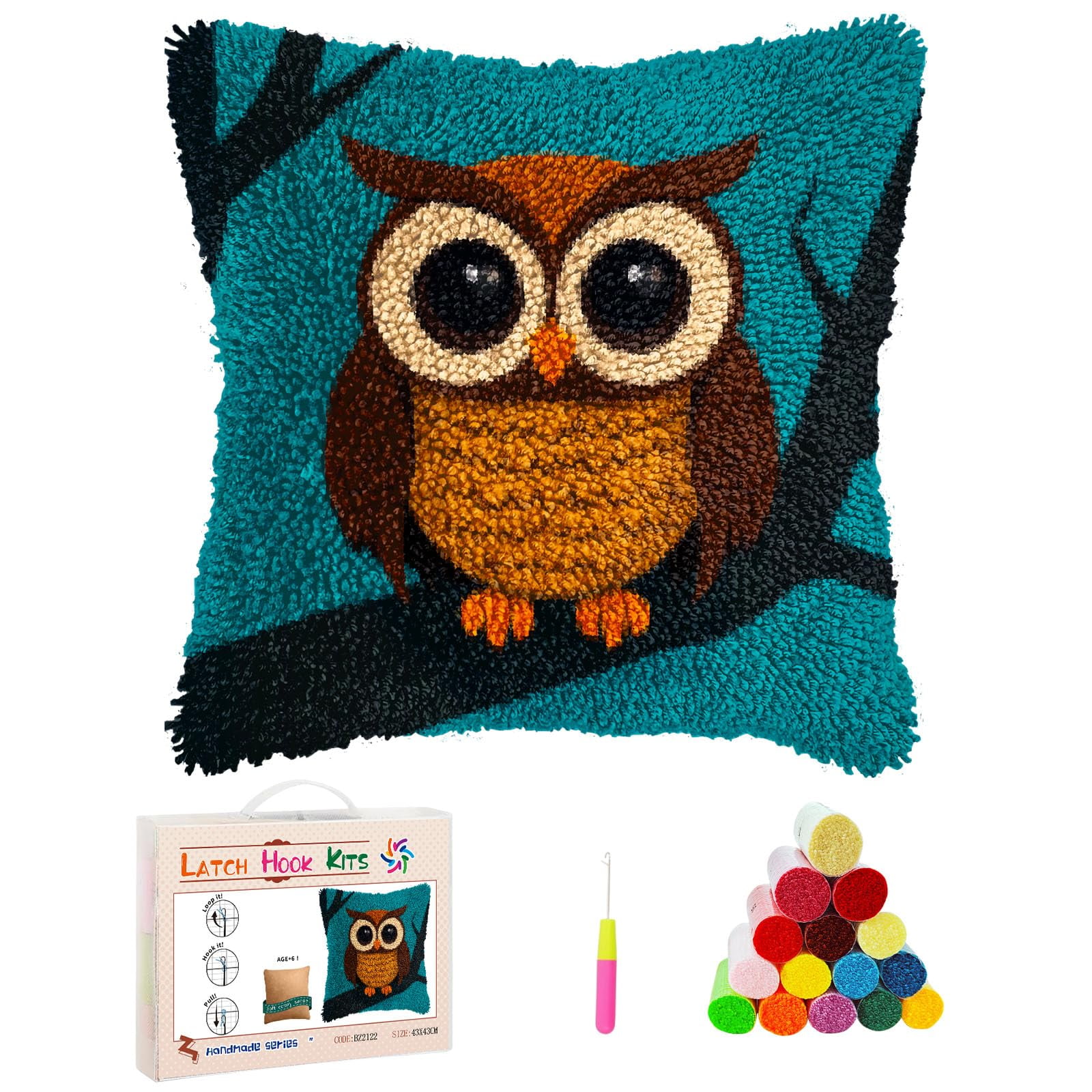 DIY Latch Hook Pillow Cover Kits Cartoon Owl on Tree Stamped Handamade ...