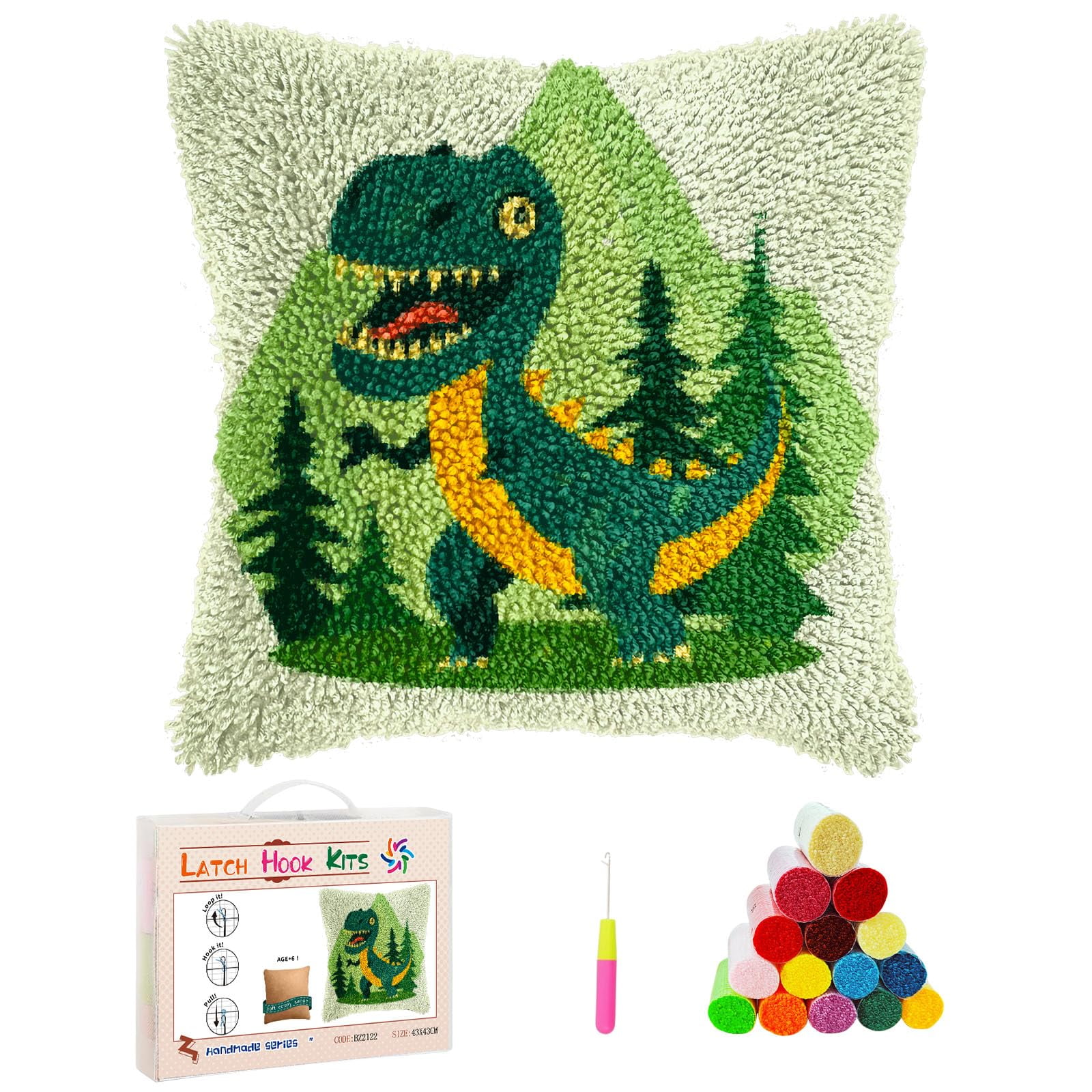 DIY Latch Hook Pillow Cover Kits Cartoon Roaring Dinosaur with Green ...