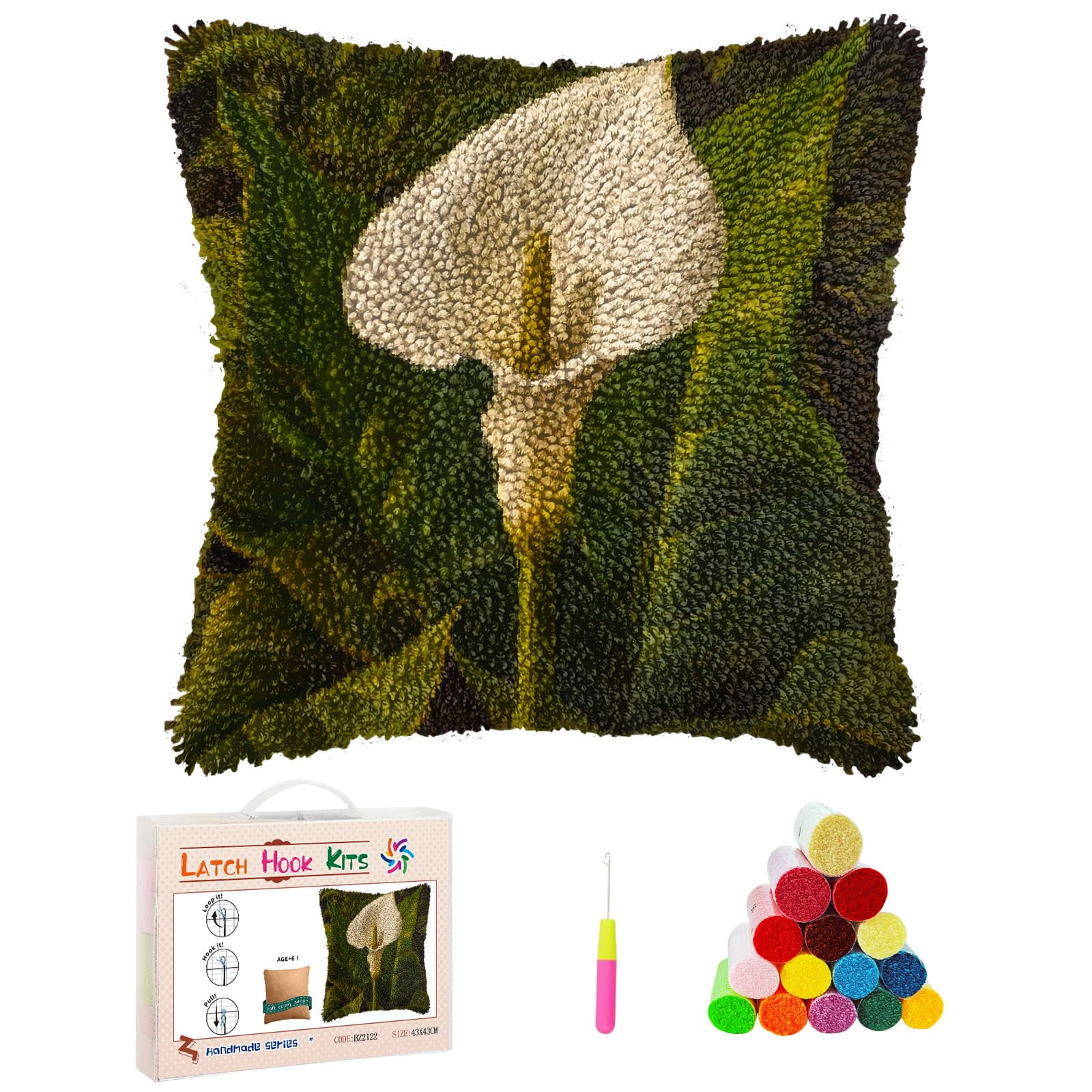 DIY Latch Hook Pillow Cover Kits White Calla Lily with Green Leaves ...