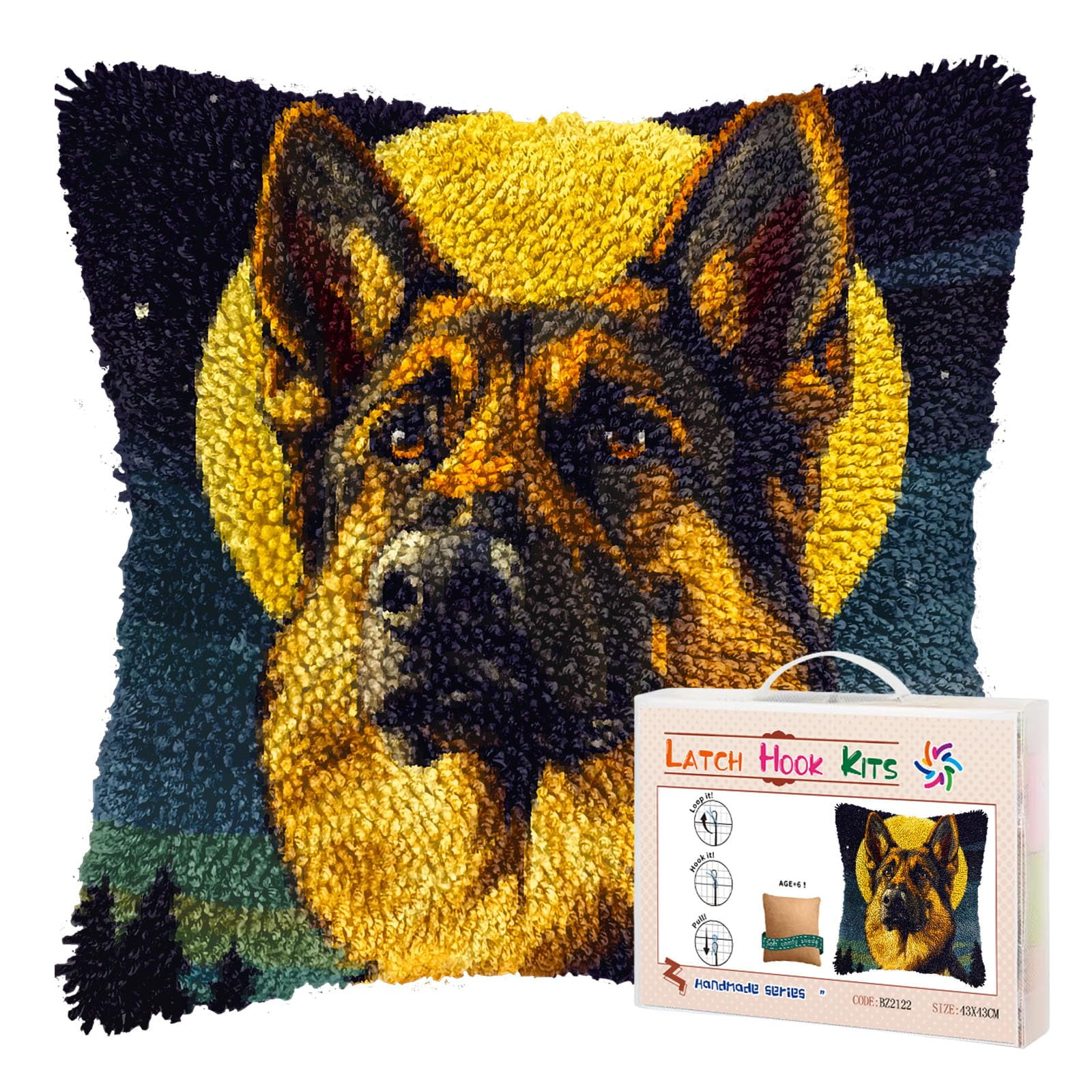DIY Latch Hook Pillow Kits for Adults Cartoon German Shepherd Night Moon Printed Pillowcase ...