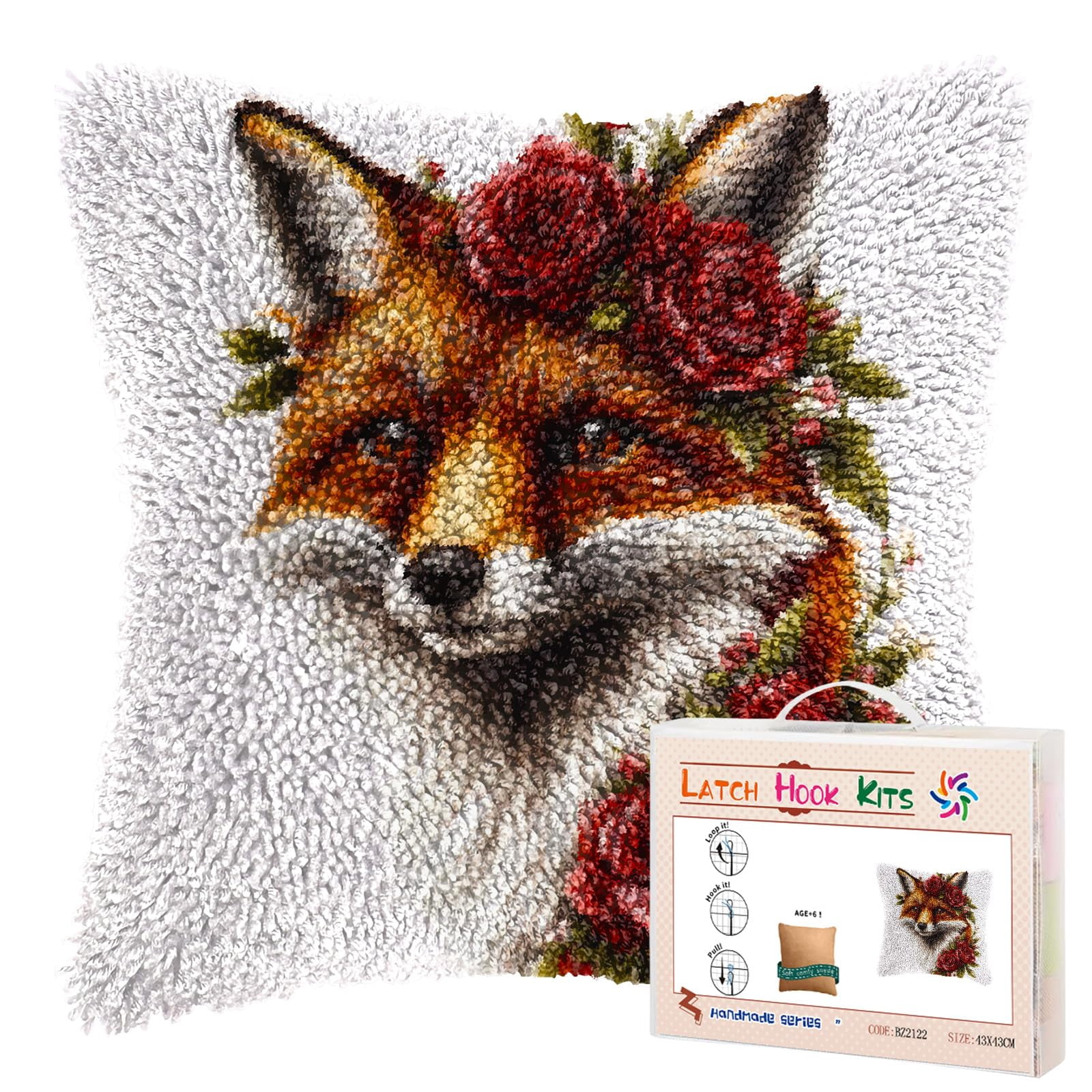 DIY Latch Hook Pillow Kits Fox with Roses in Hair Printed Pillowcase ...