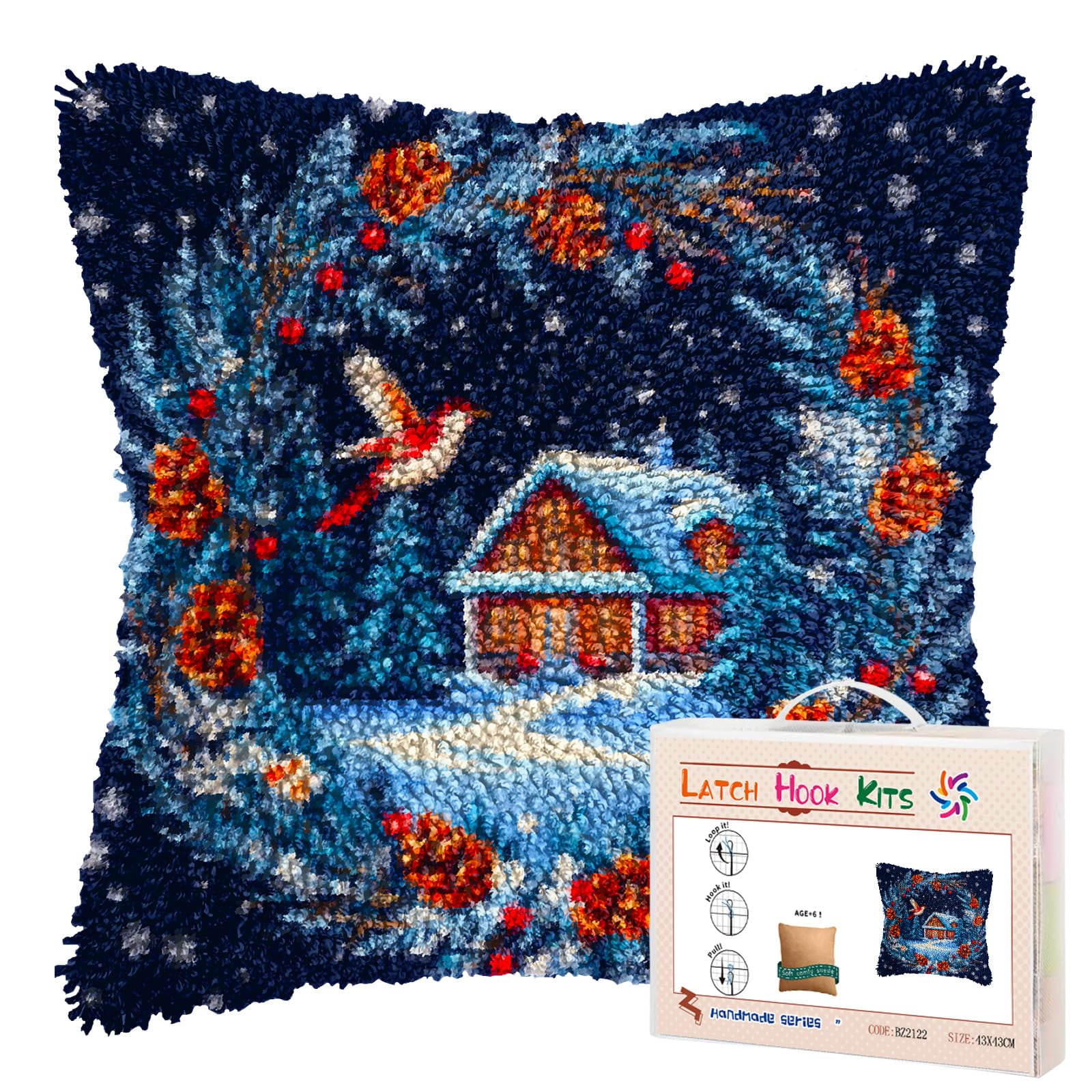 DIY Latch Hook Pillow Kits Winter Wreath Snow Pine Cones Printed ...