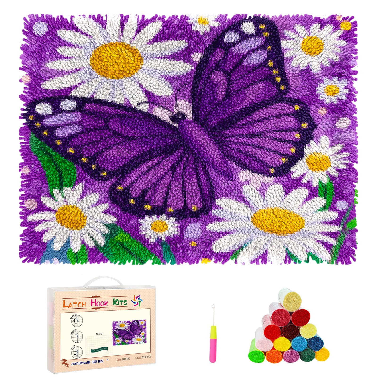 DIY Latch Hook Rug Kits Cartoon Butterfly and White Daisy Flower Stamped Non-slip Mat Crocheting ...