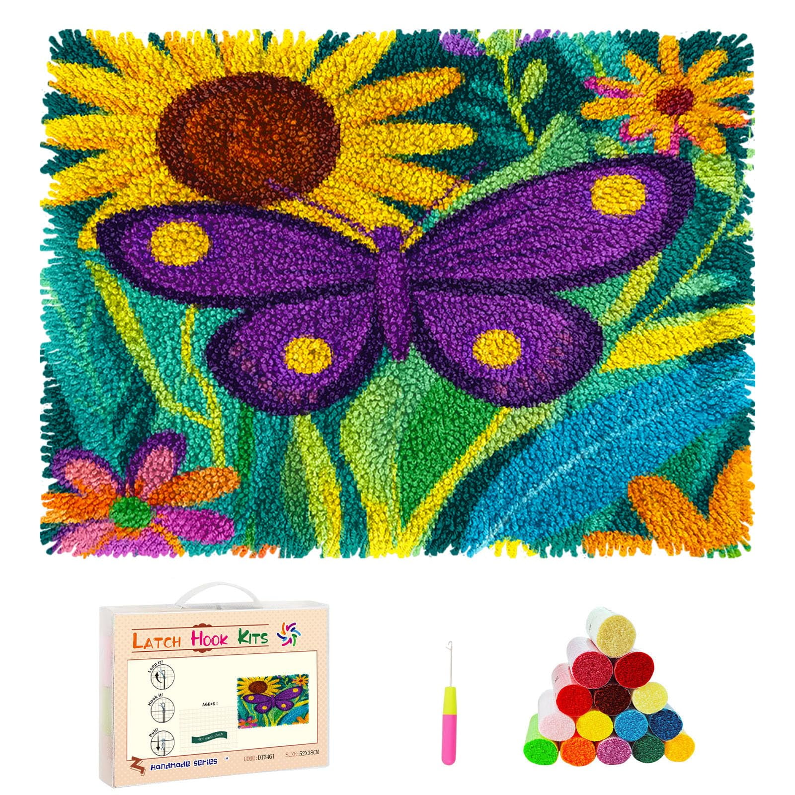 DIY Latch Hook Rug Kits Cartoon Butterfly and Yelloe Sunflower Stamped ...