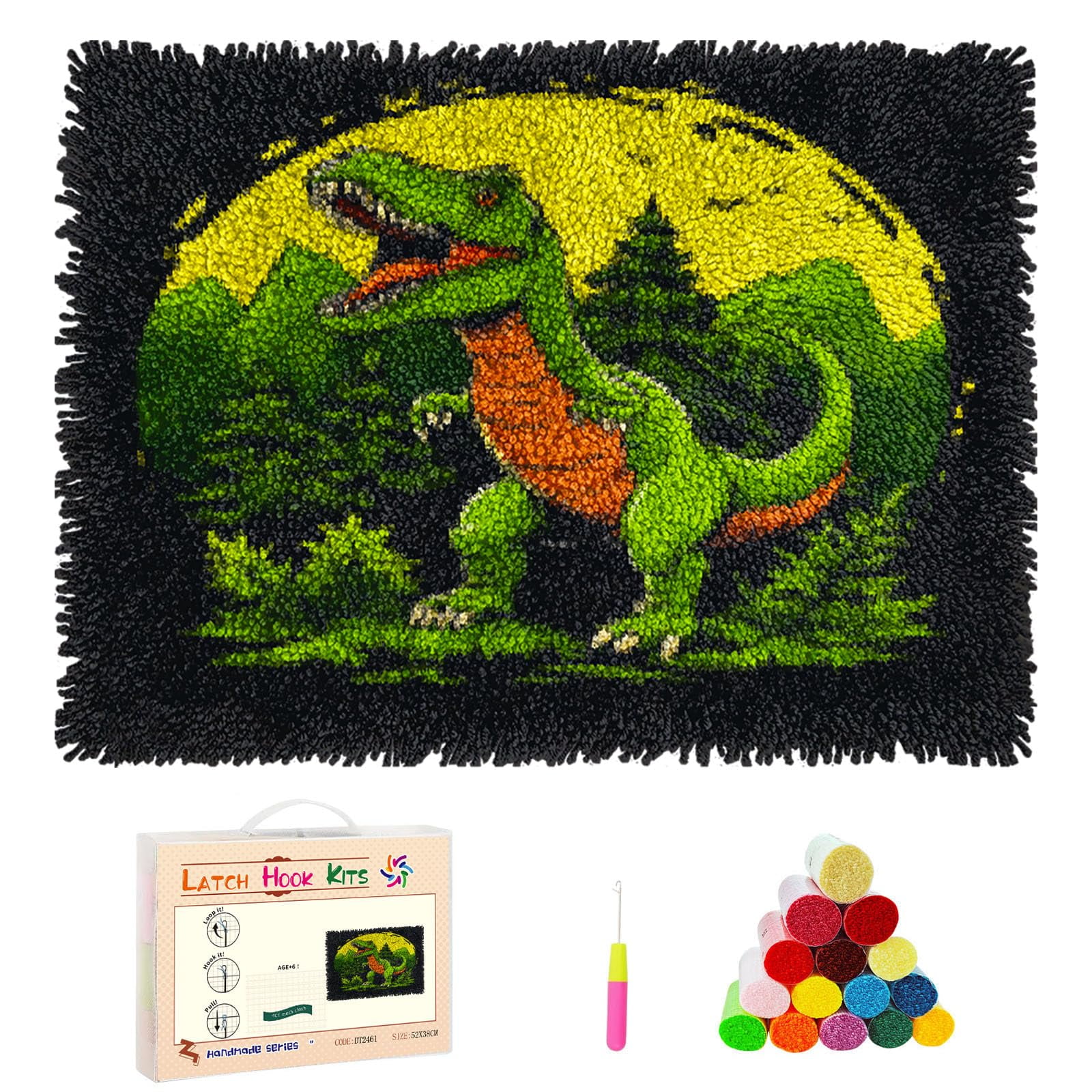DIY Latch Hook Rug Kits Cartoon Roaring Dinosaur with Green Tree ...