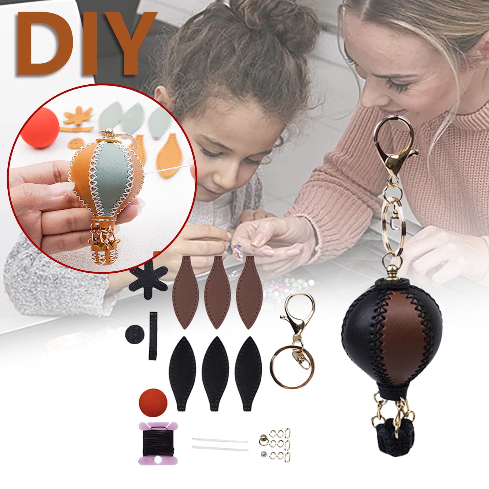 DIY Leather Keychain Craft Kit - Hand Sewn Pendant Keyring with Canvas ...