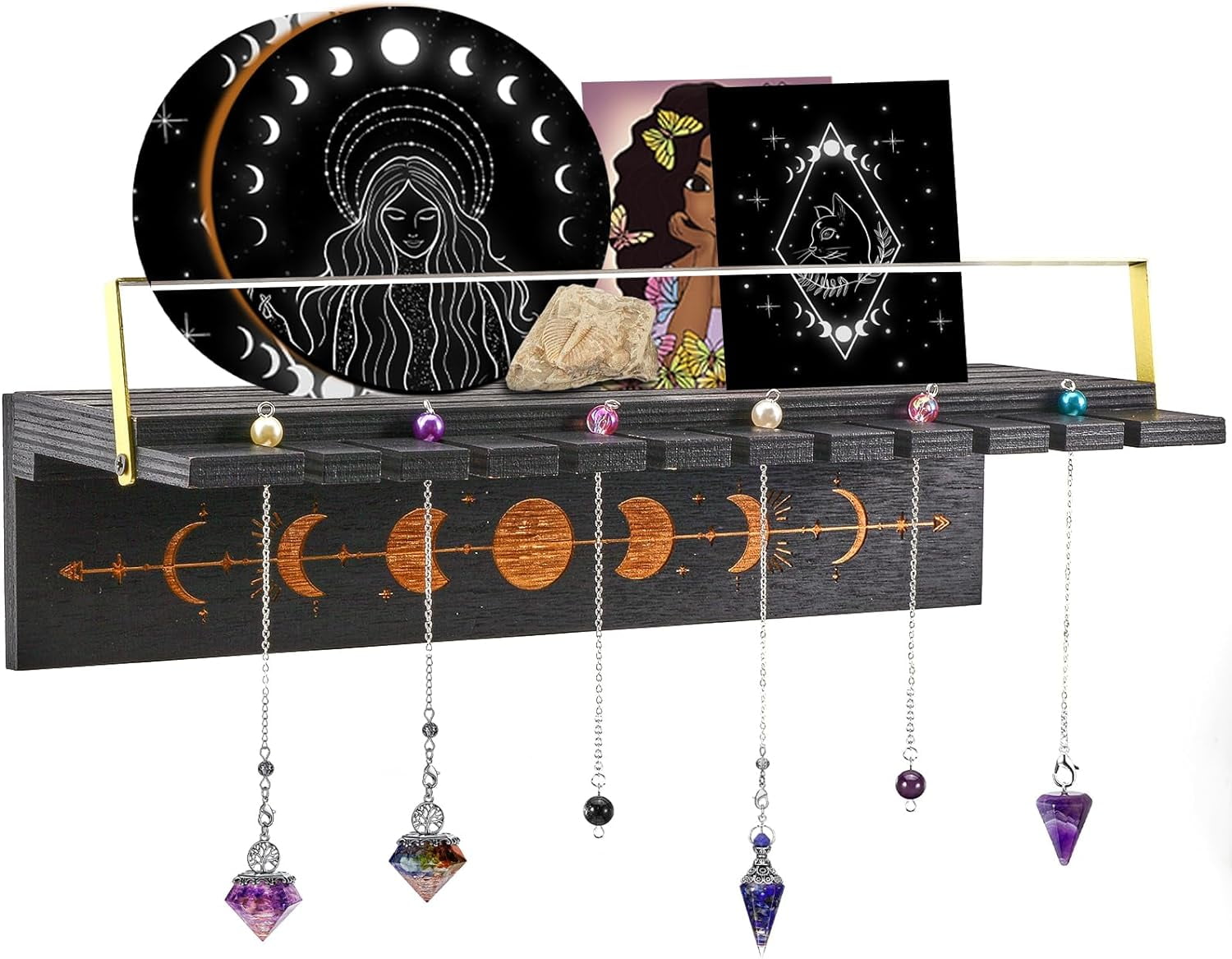 DIY Luna Phase Wooden Crystal Pendulum Wall Shelf Witch Hanging Crystal ...