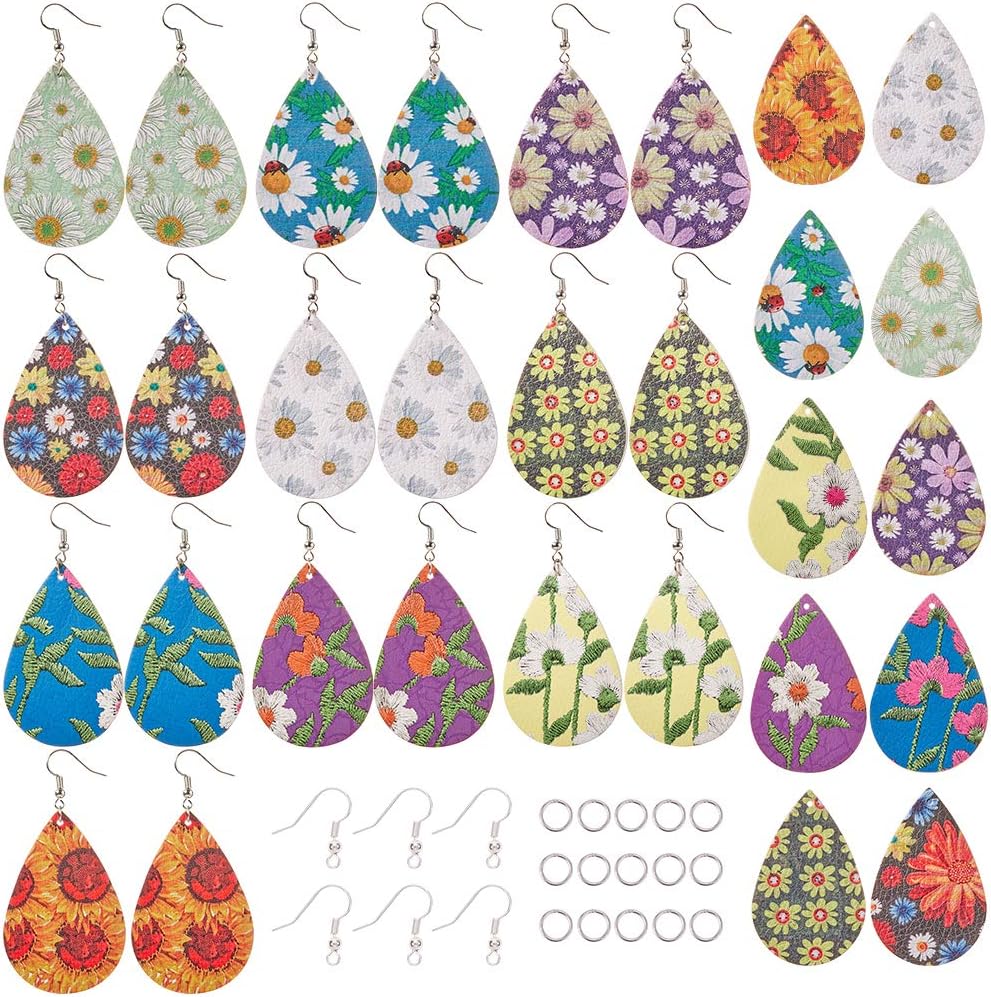 DIY Make 10 Pairs Sunflower Printed Leather Lightweight Teardrop Drop ...