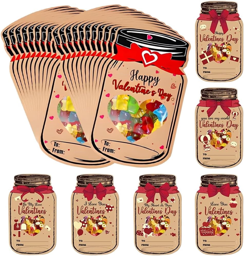 DIY Mason Jar Valentine Cards with Treat Bags - 50PCS Heart Cutout ...