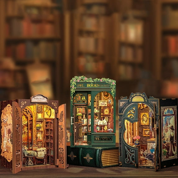 DIY Miniature Bookstore Kit, Wooden Dollhouse Model with LED Lights ...