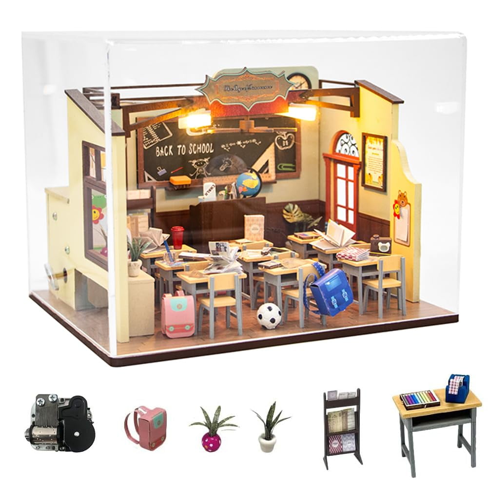 DIY Miniature House Kit with Dust Cover and Music,Miniature Classroom ...