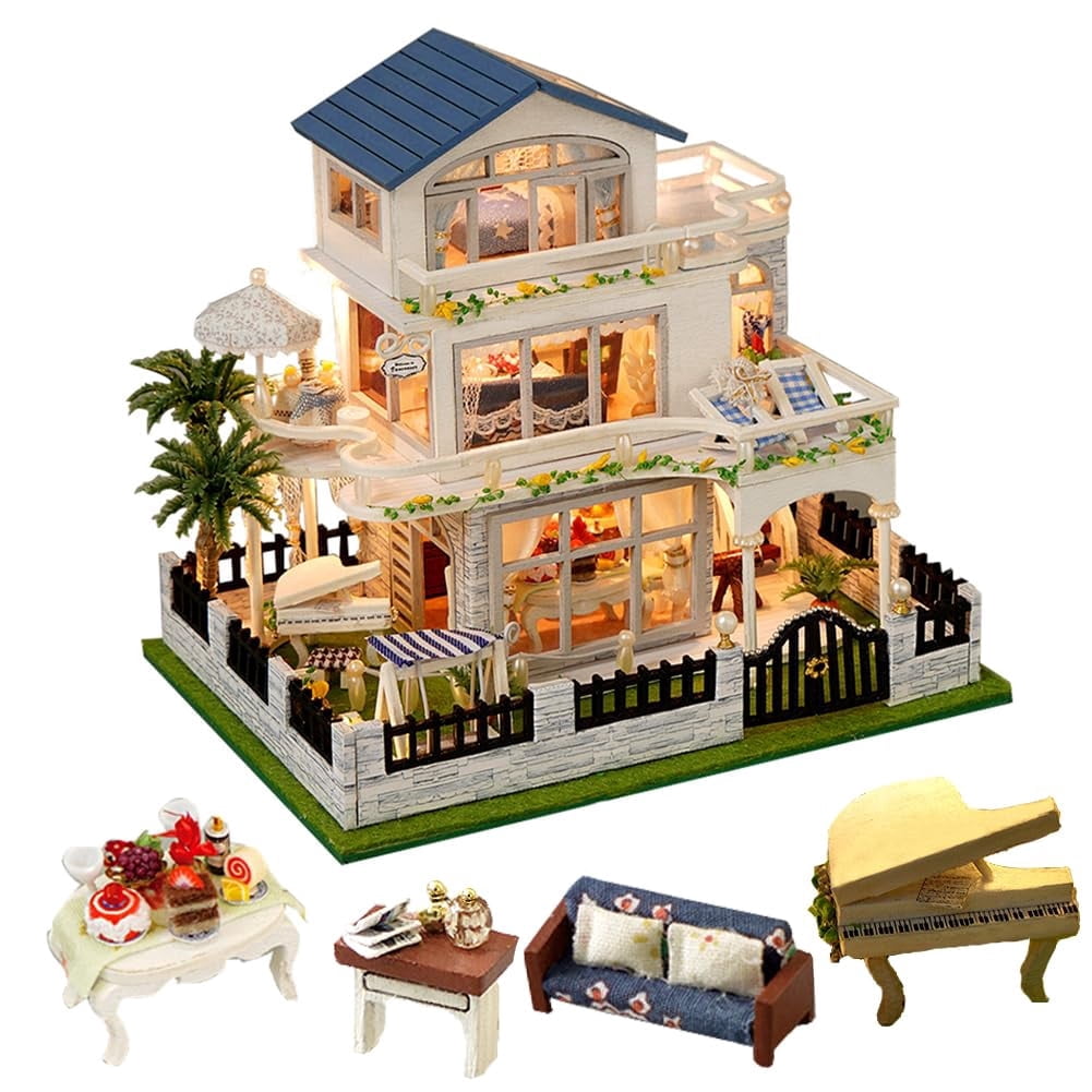 DIY Miniature House Kit, MOJINO Wooden Dollhouse Kit with LED Lighting ...