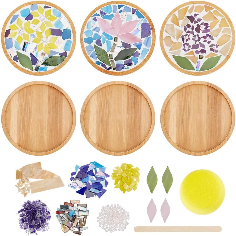 DIY Mosaic Craft Kit 3 Sets Flower Mosaic Bamboo Coasters Kits for ...