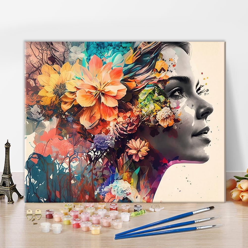 DIY Oil Painting Kit, Colorful Woman Profile and Flowers Paint by ...