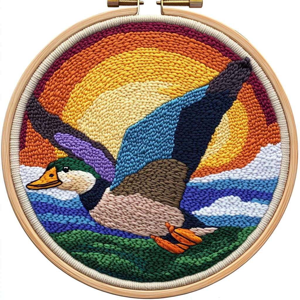 DIY Punch Needle Kits for Beginners Cartoon Flying Mallard with Sunset ...